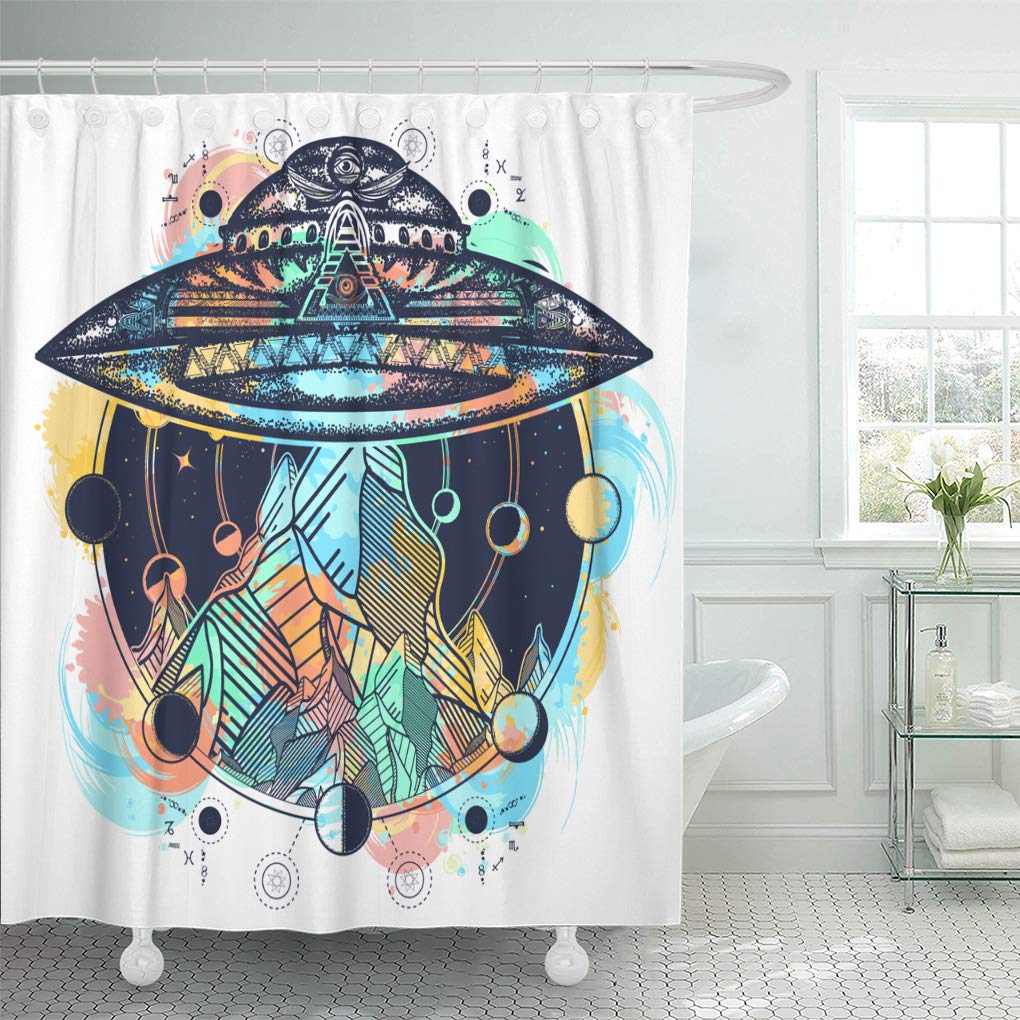 Libin Watercolor Space UFO Ship and Mountains Color Tattoo Aliens ...