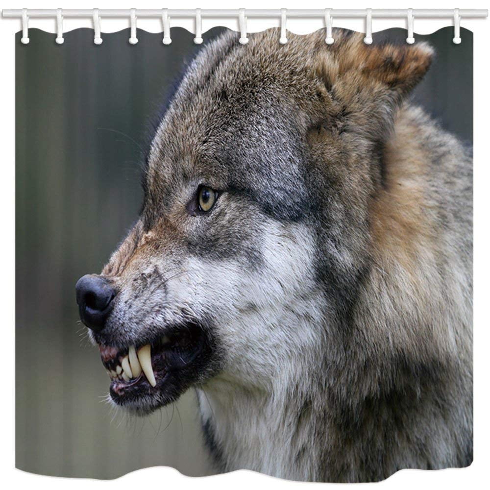 Libin Wild Animal Timber Wolf Keep Fierce Face Tusk Threaten Polyester Fabric Bathroom Shower ...