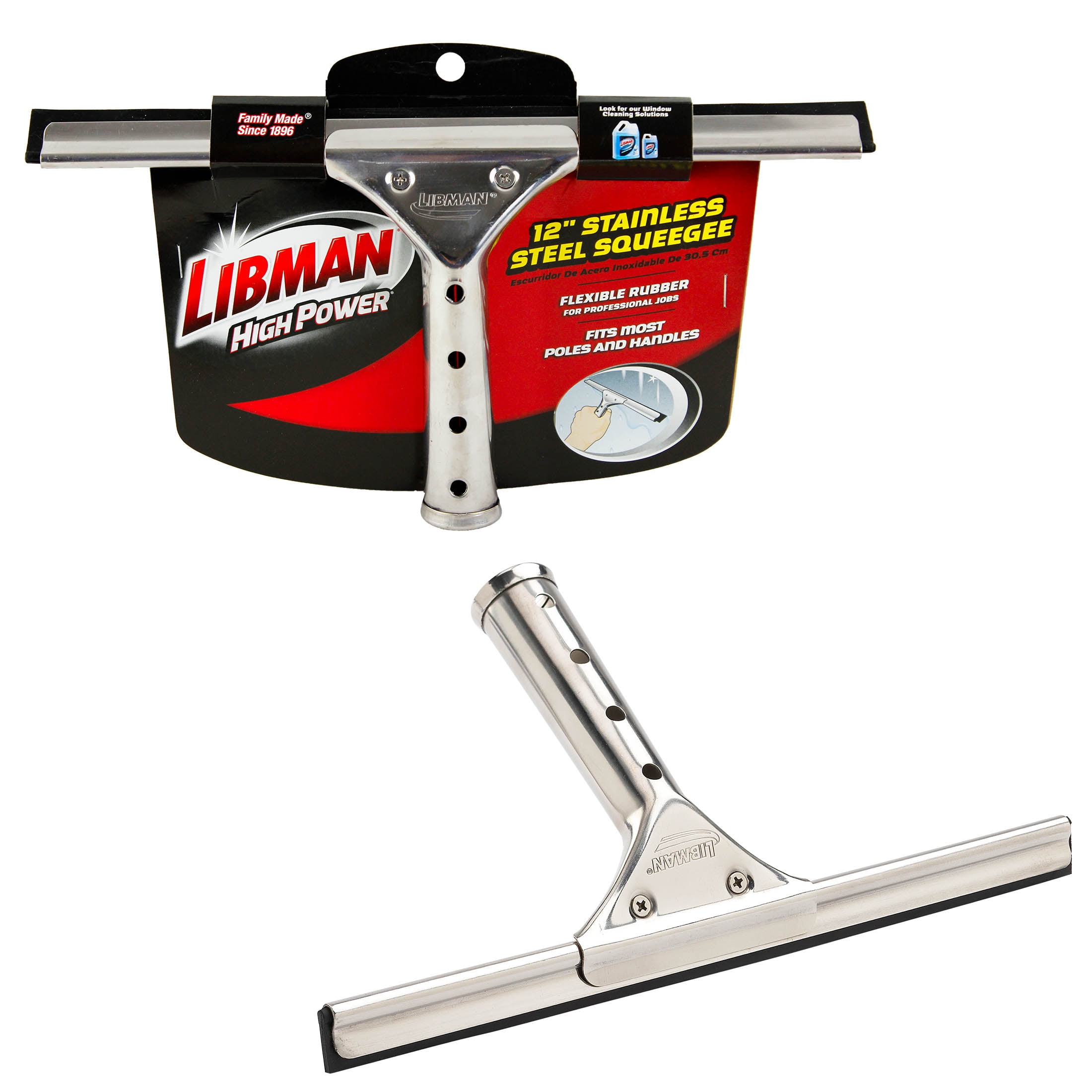 Libman 12" Wide Stainless Steel Squeegee Black Rubber Assembled Product ...