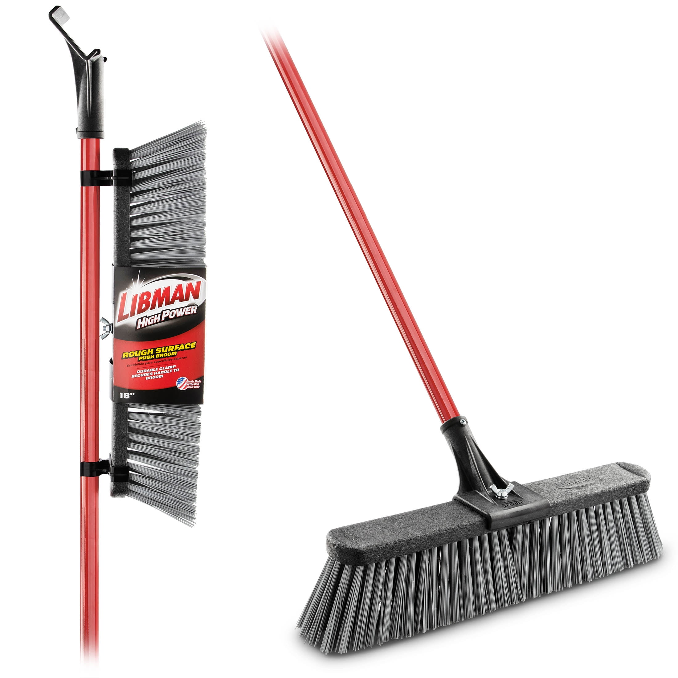 Libman 18" Rough Surface Push Broom Red Steel Handle and Black Fibers ...