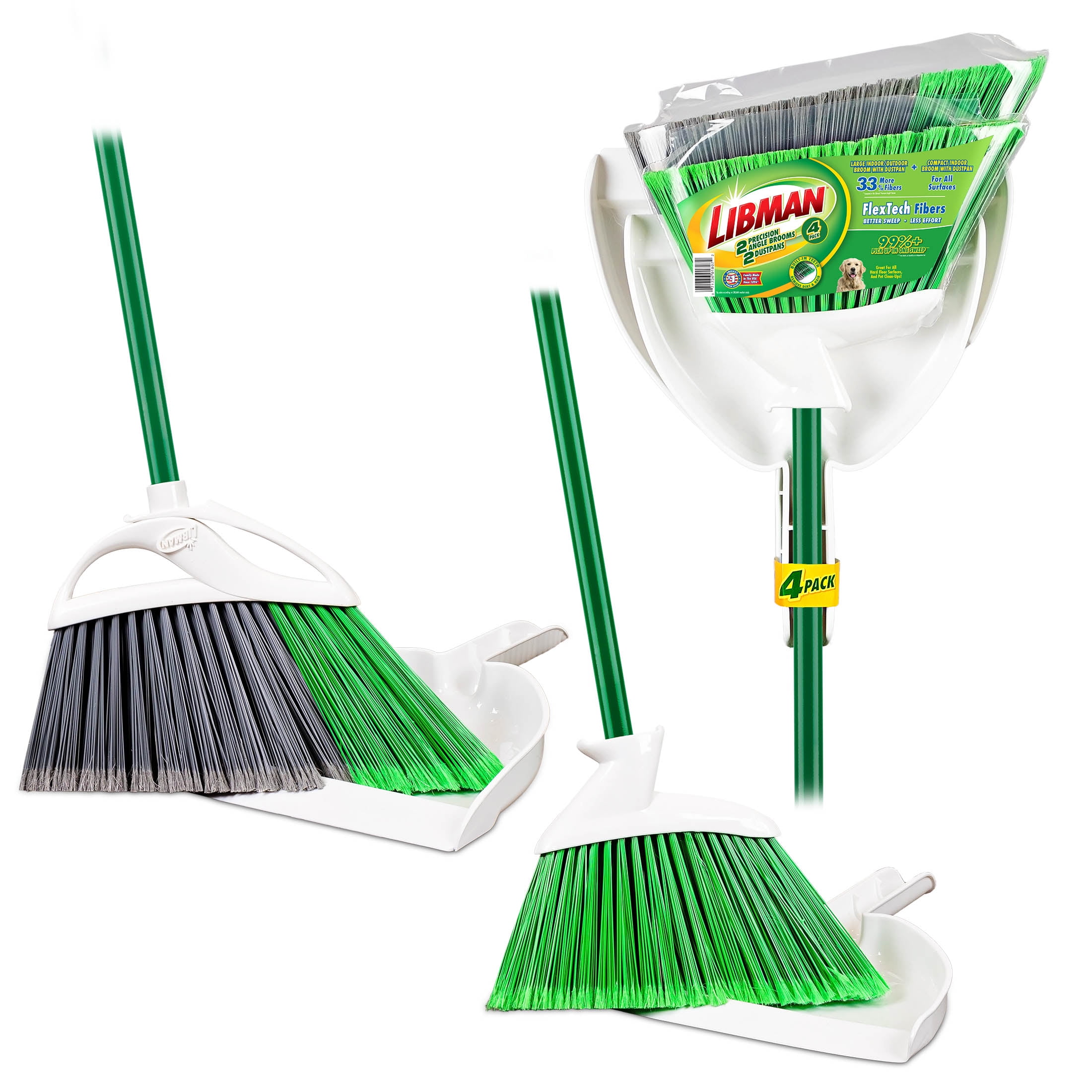 Libman Angle Brooms and Dust Pans Value Pack Green / White Steel Handle ...
