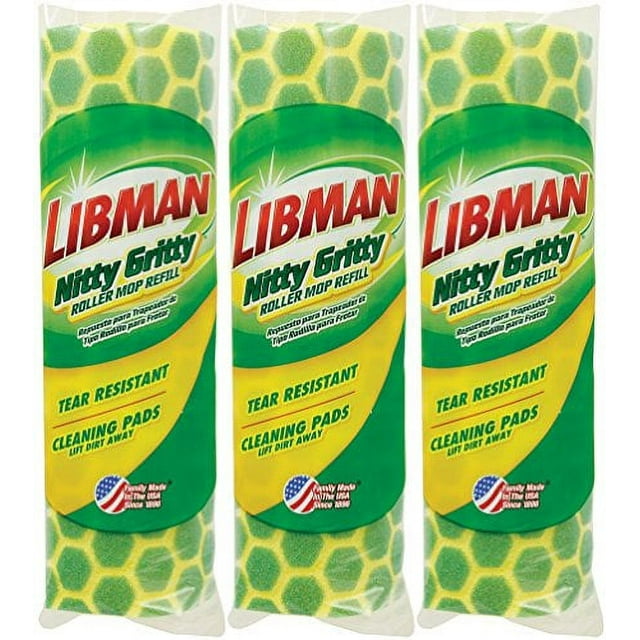 Libman Nitty Gritty Roller Mop Refill, Tear Resistant Sponge, Green Cleaning Pads, Pack of 3 ...