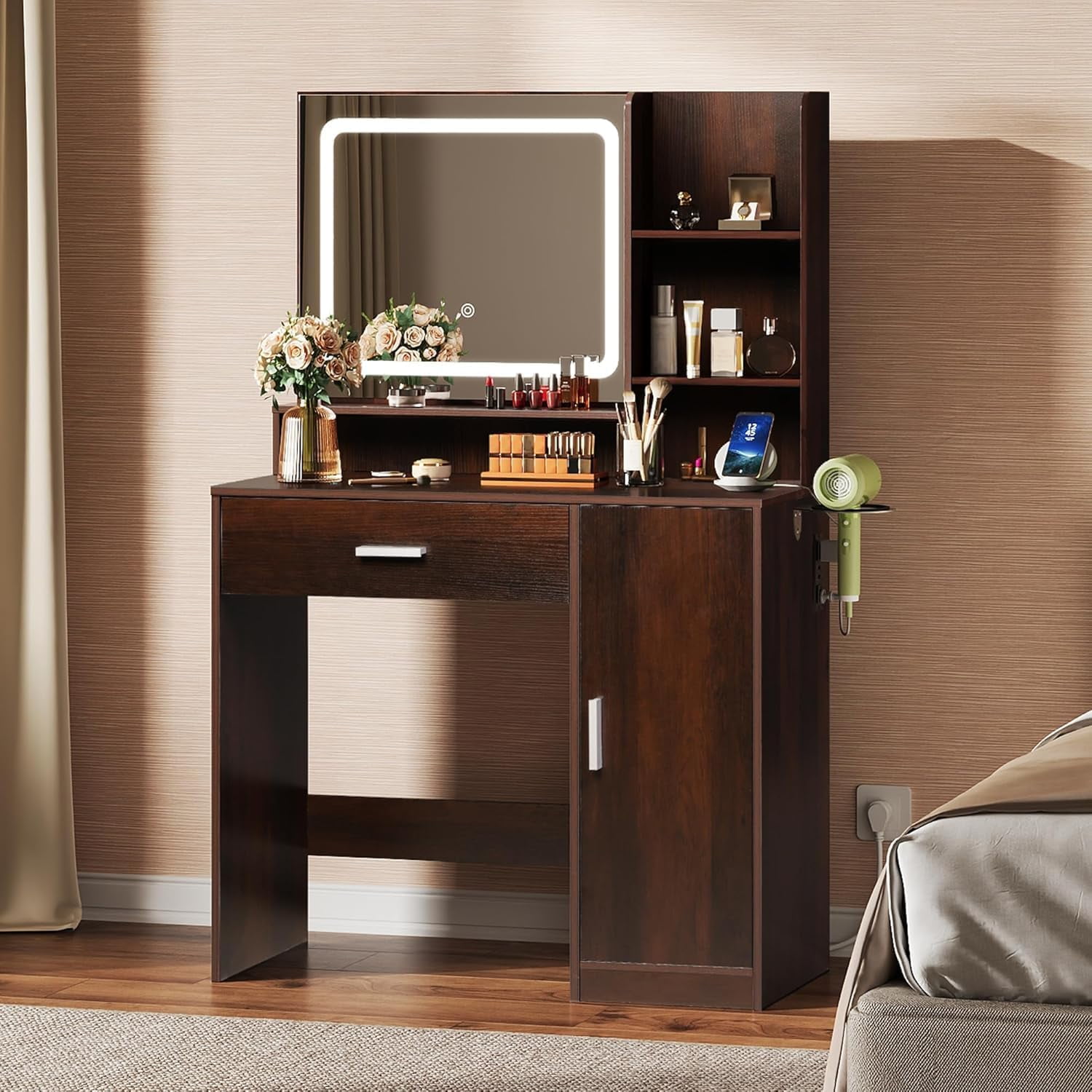 Libra 35‘’ Dark Brown Modern Makeup Vanity Desk with Mirror and Lights ...