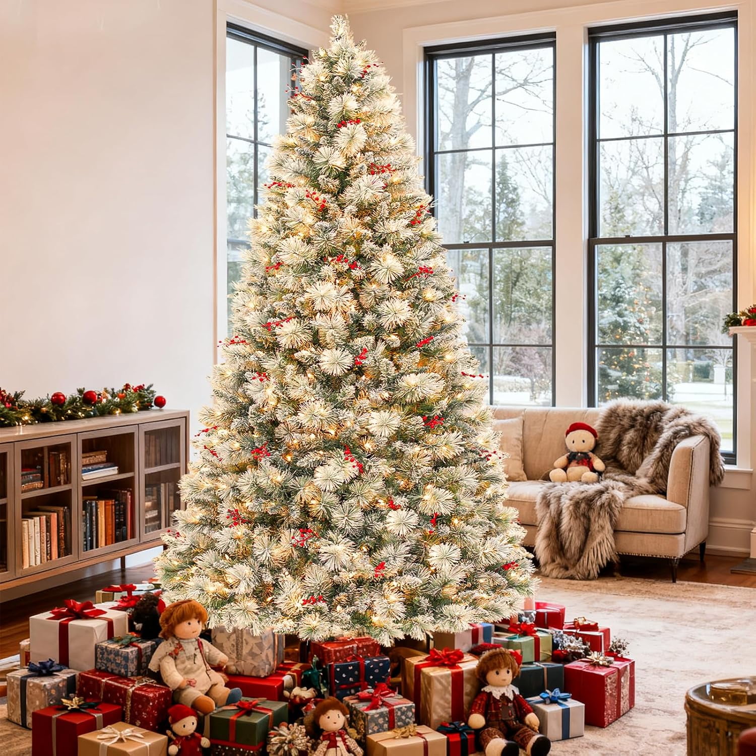 Libra 6 ft Prelit Snow Flocked Christmas Tree, 1032 Tips Artificial ...