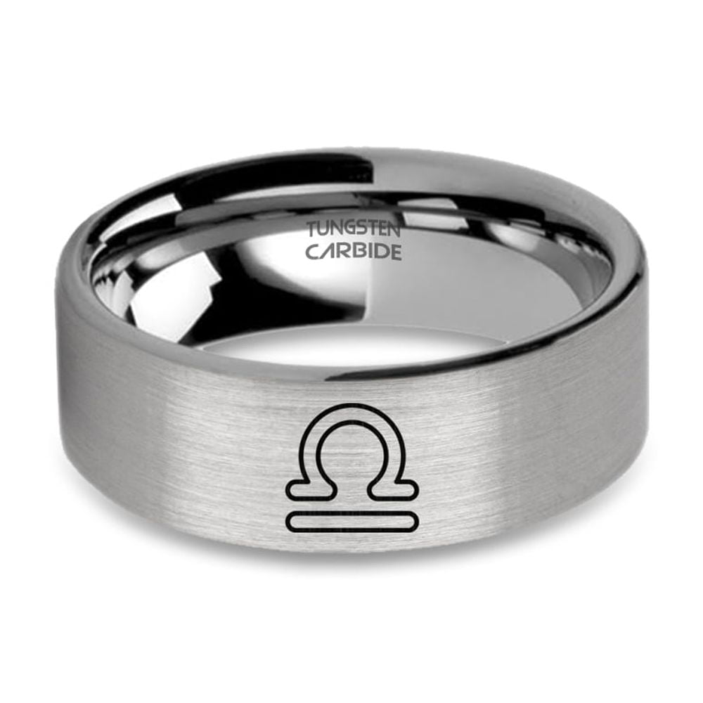 Libra Astrology Symbol Engraved Silver Tungsten Ring, Brushed, 8mm ...