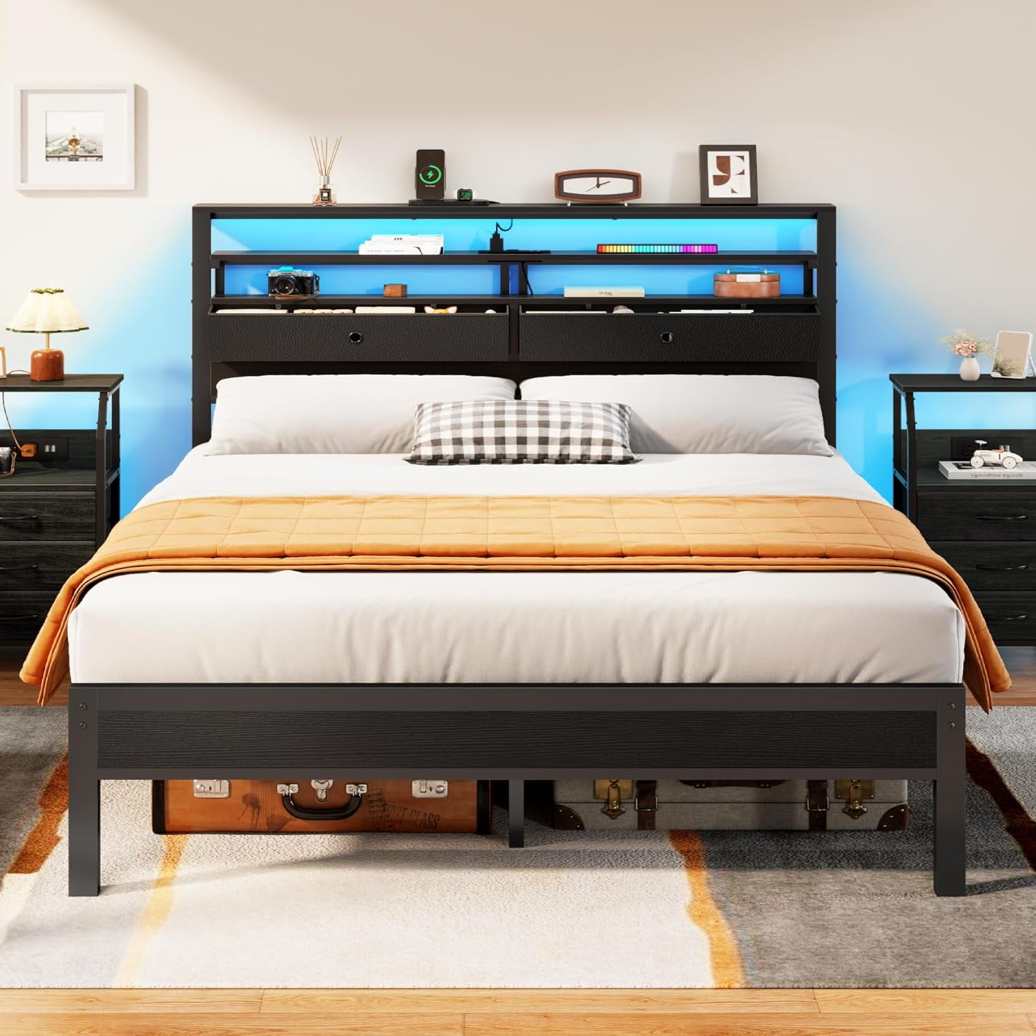 Libra Full Size Bed Frame with Headboard & 2 Fabric Drawers, Full ...