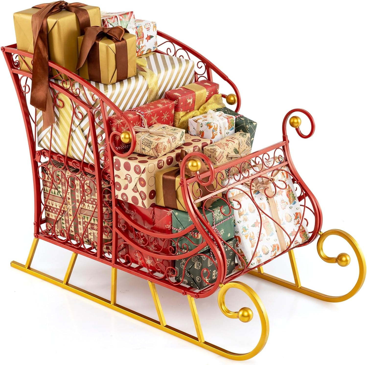 Libra Metal Christmas Santa Sleigh Basket, 2-Tier Red Xmas Santa's Gift ...