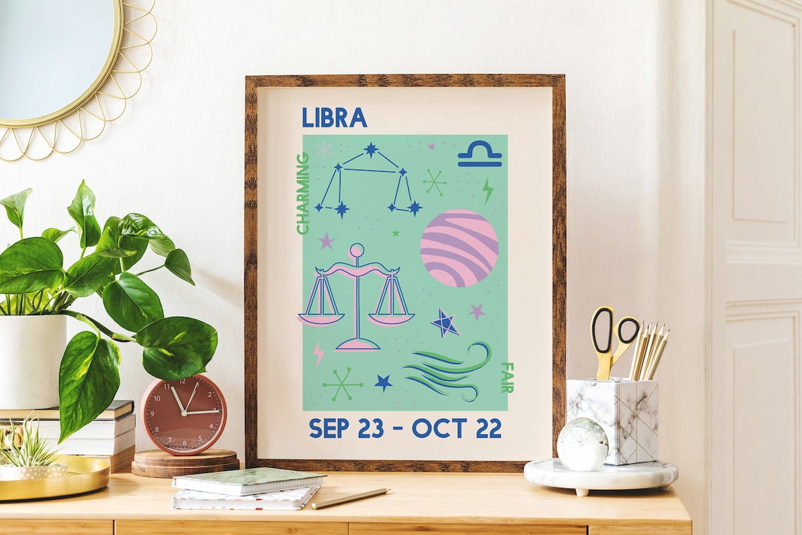 Libra Zodiac Poster Trendy Astrology Blue Retro Wall Art Star Sign Cute ...