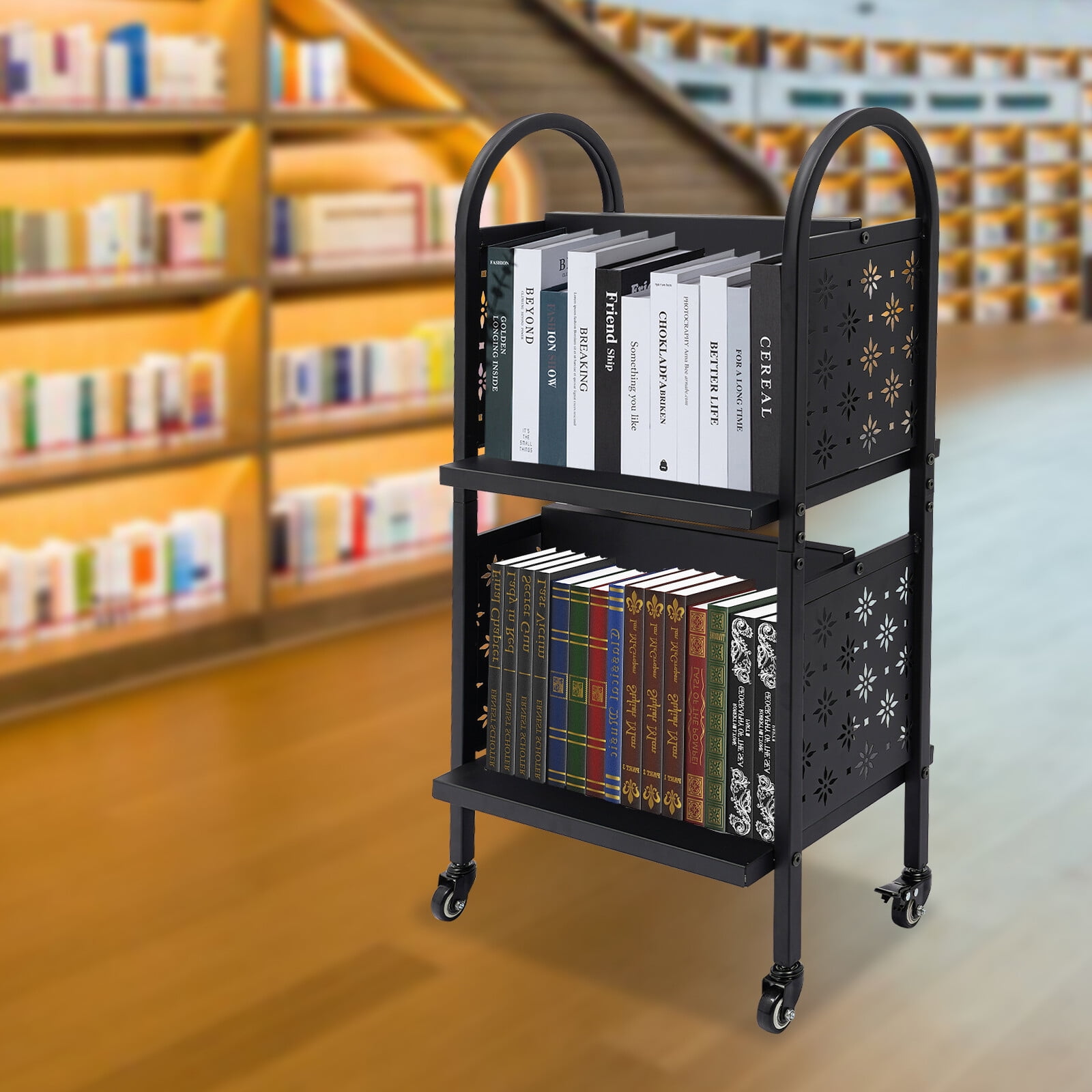 Library Book Cart W/Cutout Side Panels 2 Tier Rolling Book Cart Office ...