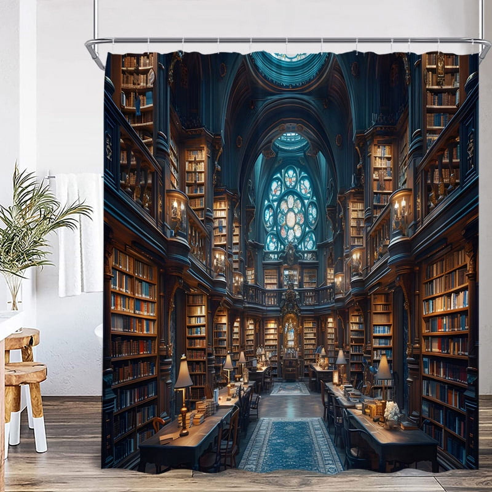 Library Bookshelf Bookstore Print Shower Curtains Set Wall Hanging ...
