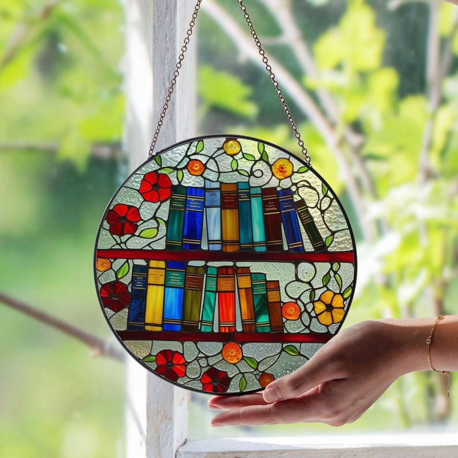 Library Bookshelf Stained Glass Suncatcher | Book Lover Window Hanging ...