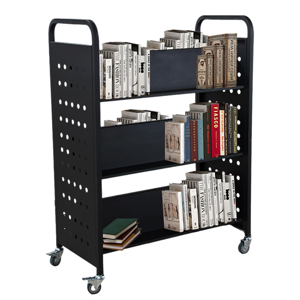 Library Cart, 35x18x49 W-Shaped Rolling Book Cart with 4 Inch Lockable ...