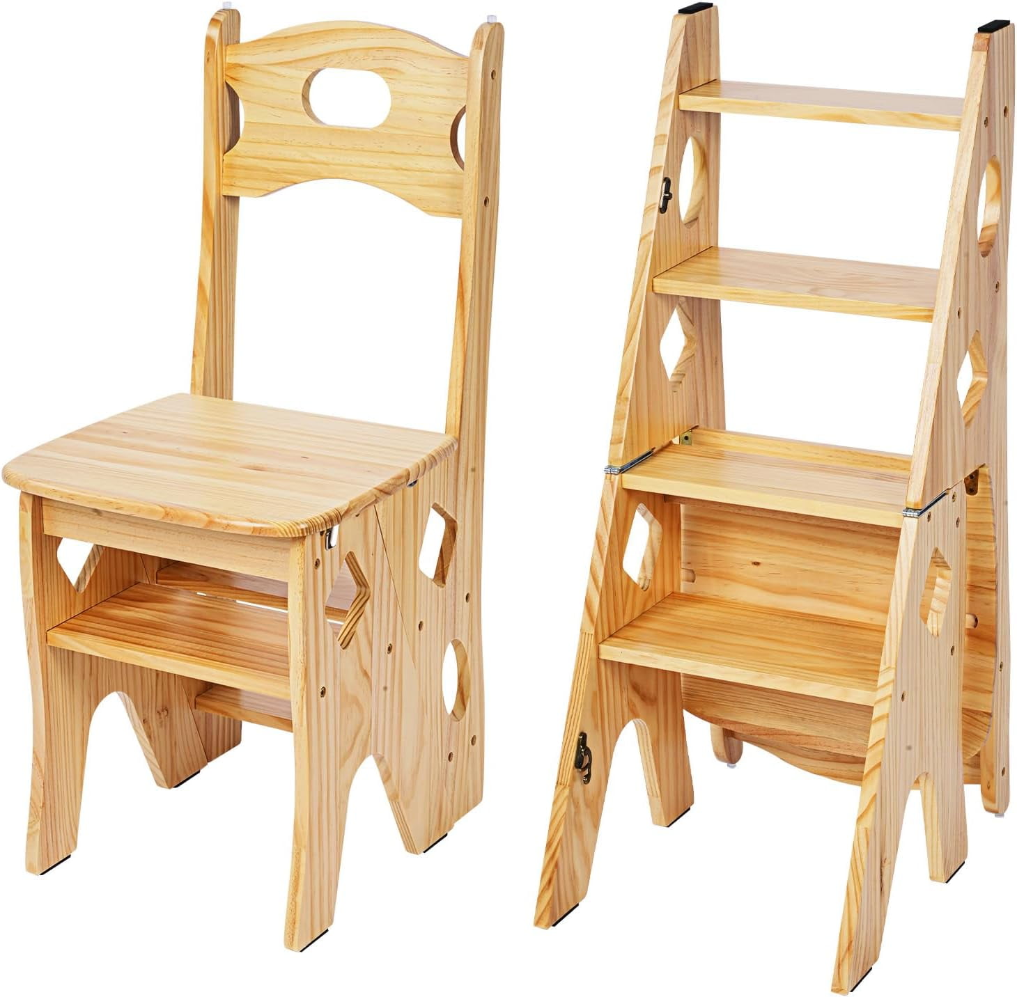Library Chair Ladder Solid Folding Ladder Chair Wood 4-Step Stool ...