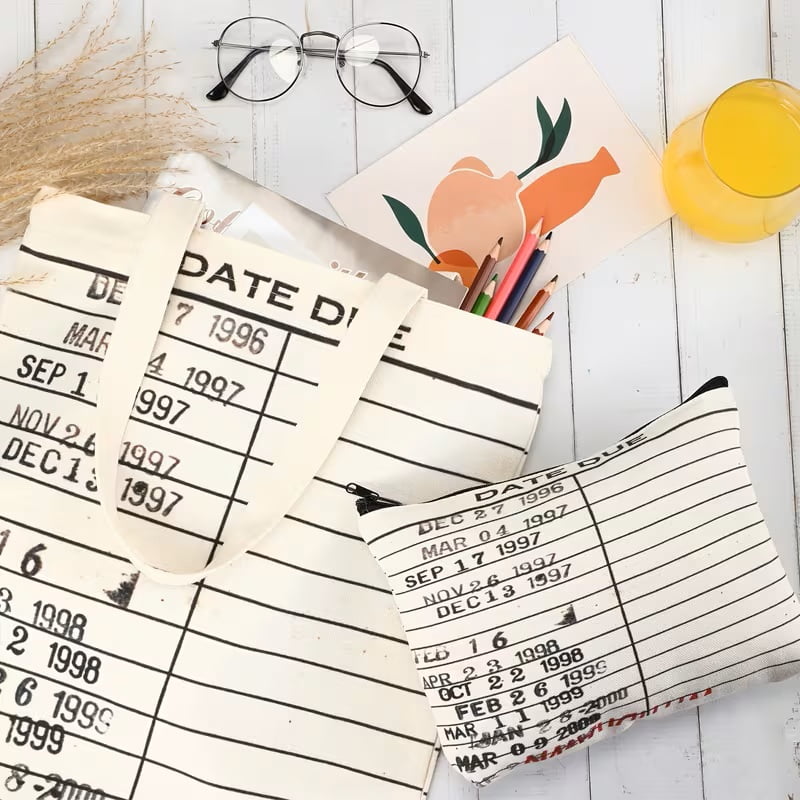 Library Due Date Cards Stamp Canvas Tote Bag with Makeup Zipper Pouch ...