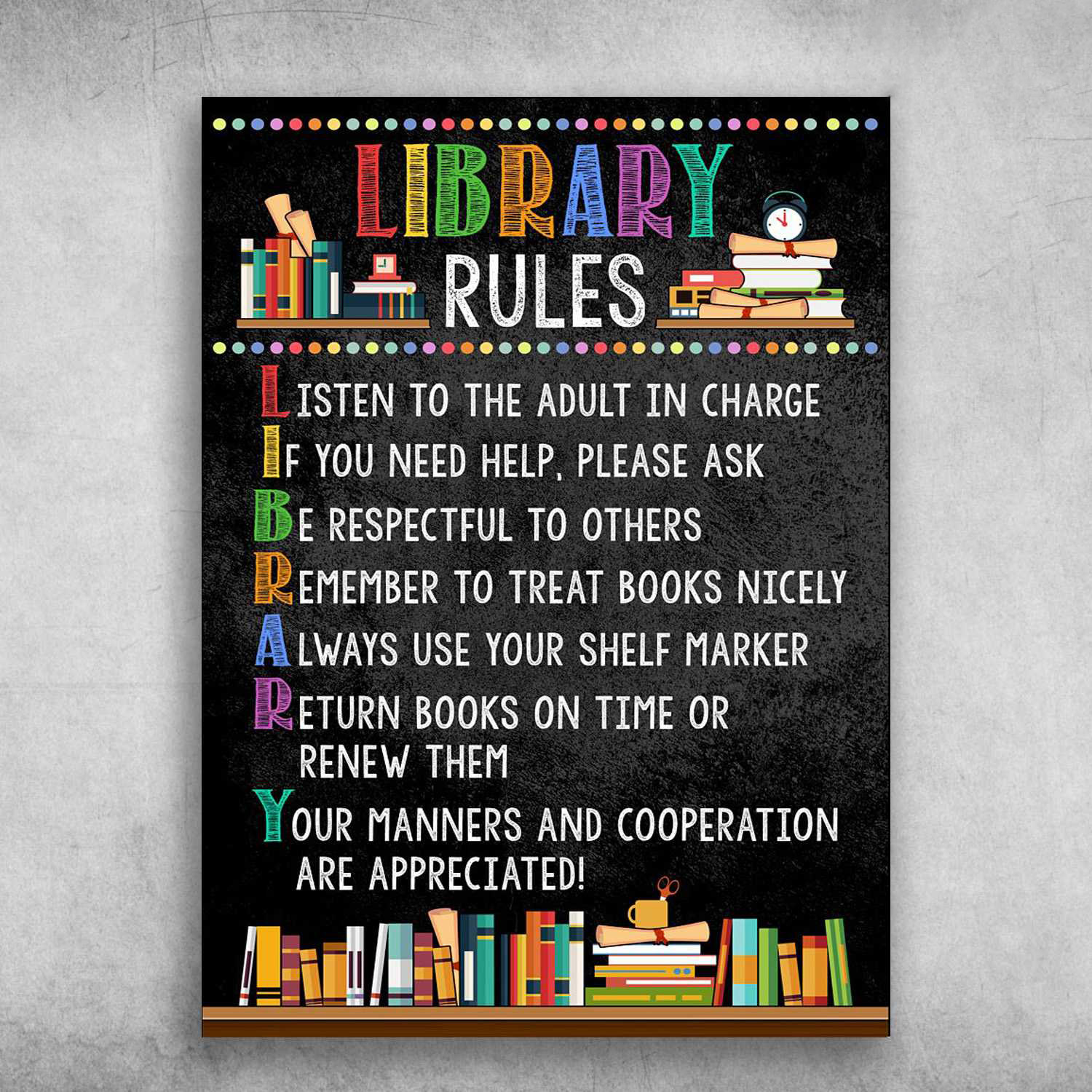 Library Poster, Book Lover - Library Rules, Listen To The Adult In ...