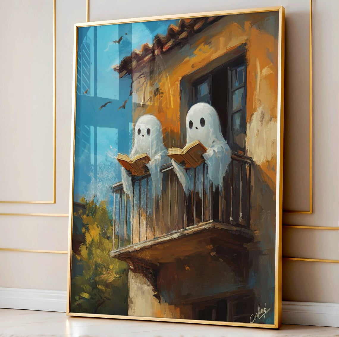 Library Print Two Cute Ghosts, Romantic Dark Academia, Spooky Moody ...
