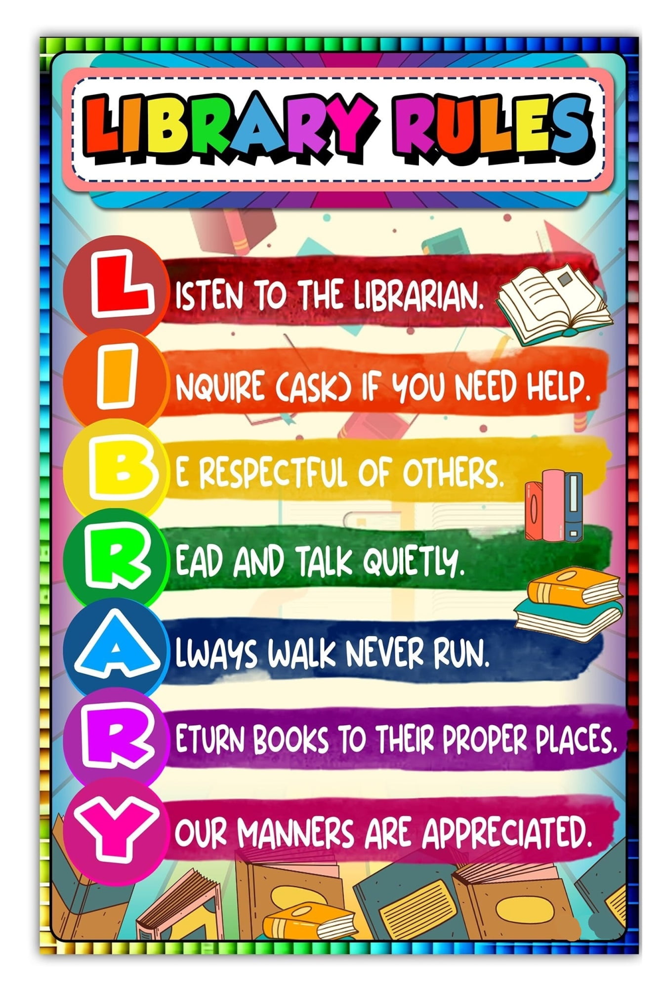 Library Rules Poster - Colorful Educational Posters Classroom Wall Art ...