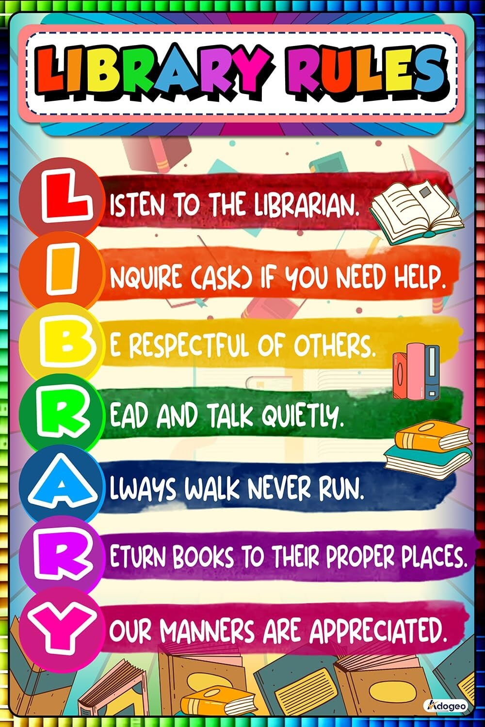 Library Rules Poster - Colorful Educational Posters Classroom Wall Art ...