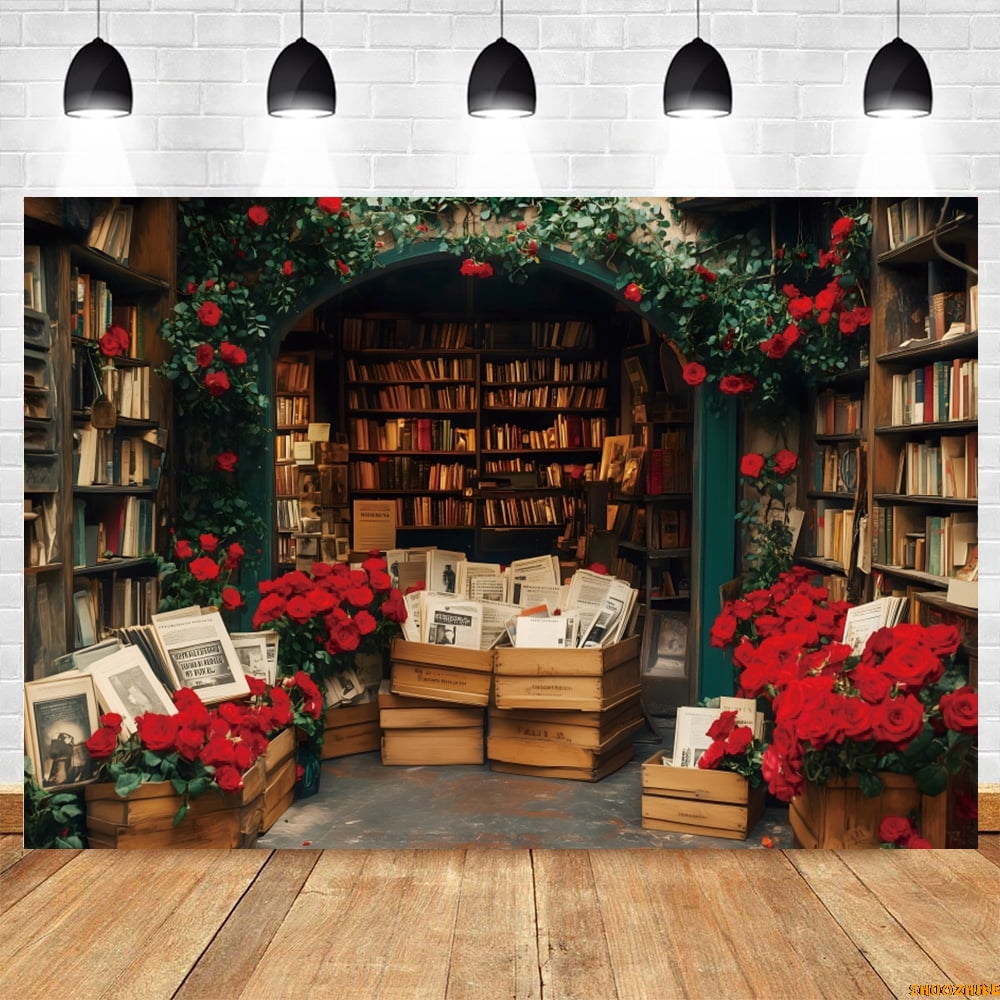 Library Sce Backdrop Flowers Bookshelf Books Birthday Party Kids ...
