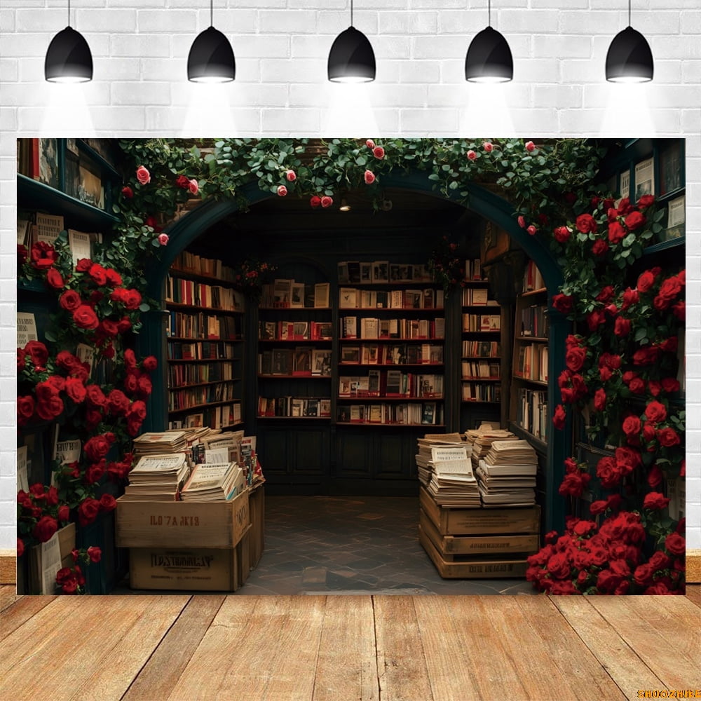 Library Sce Backdrop Flowers Bookshelf Books Birthday Party Kids ...