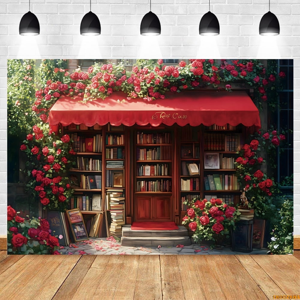 Library Sce Backdrop Flowers Bookshelf Books Birthday Party Kids ...