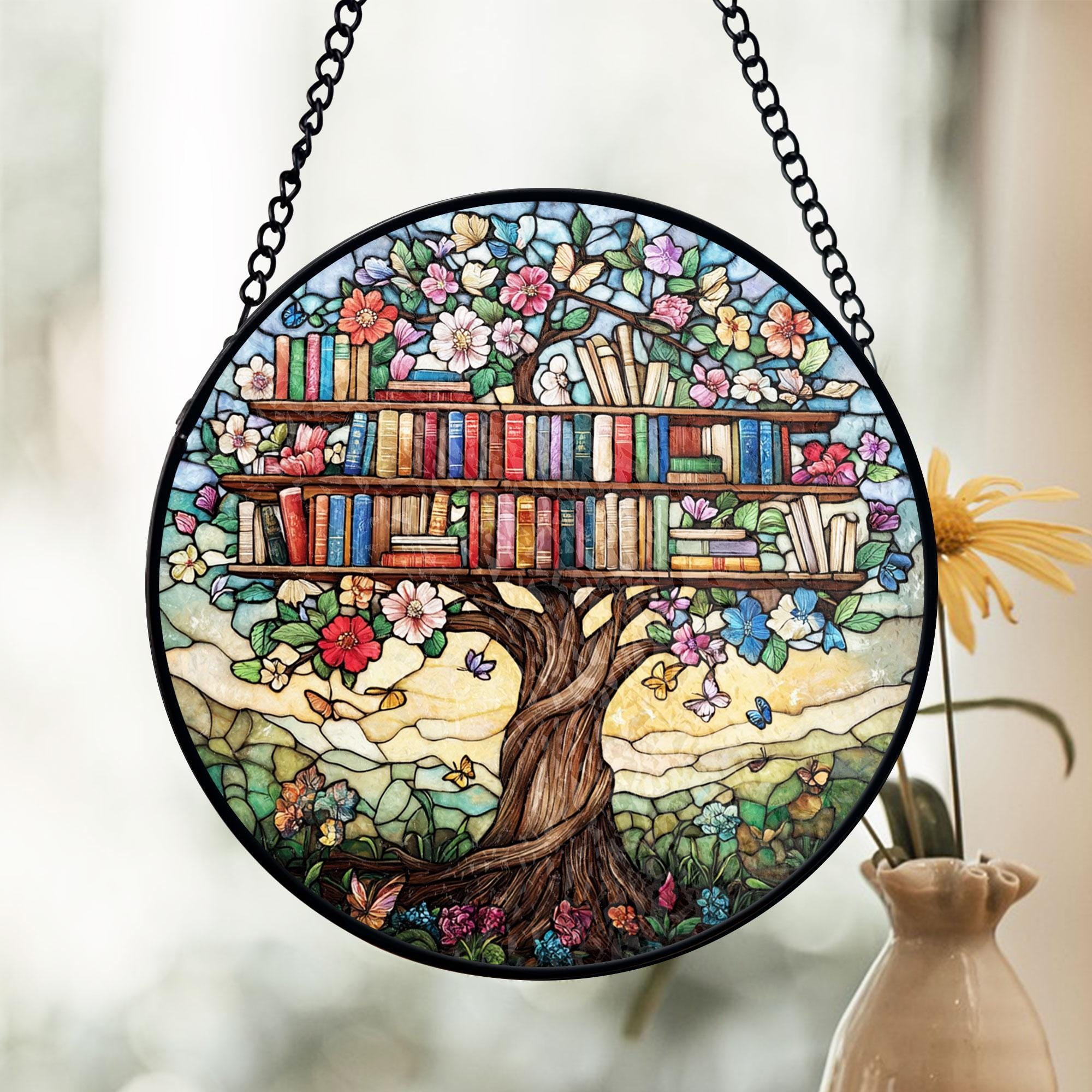 Library Tree Stained Glass Suncatcher, Bookshelf Window Decor, Floral ...