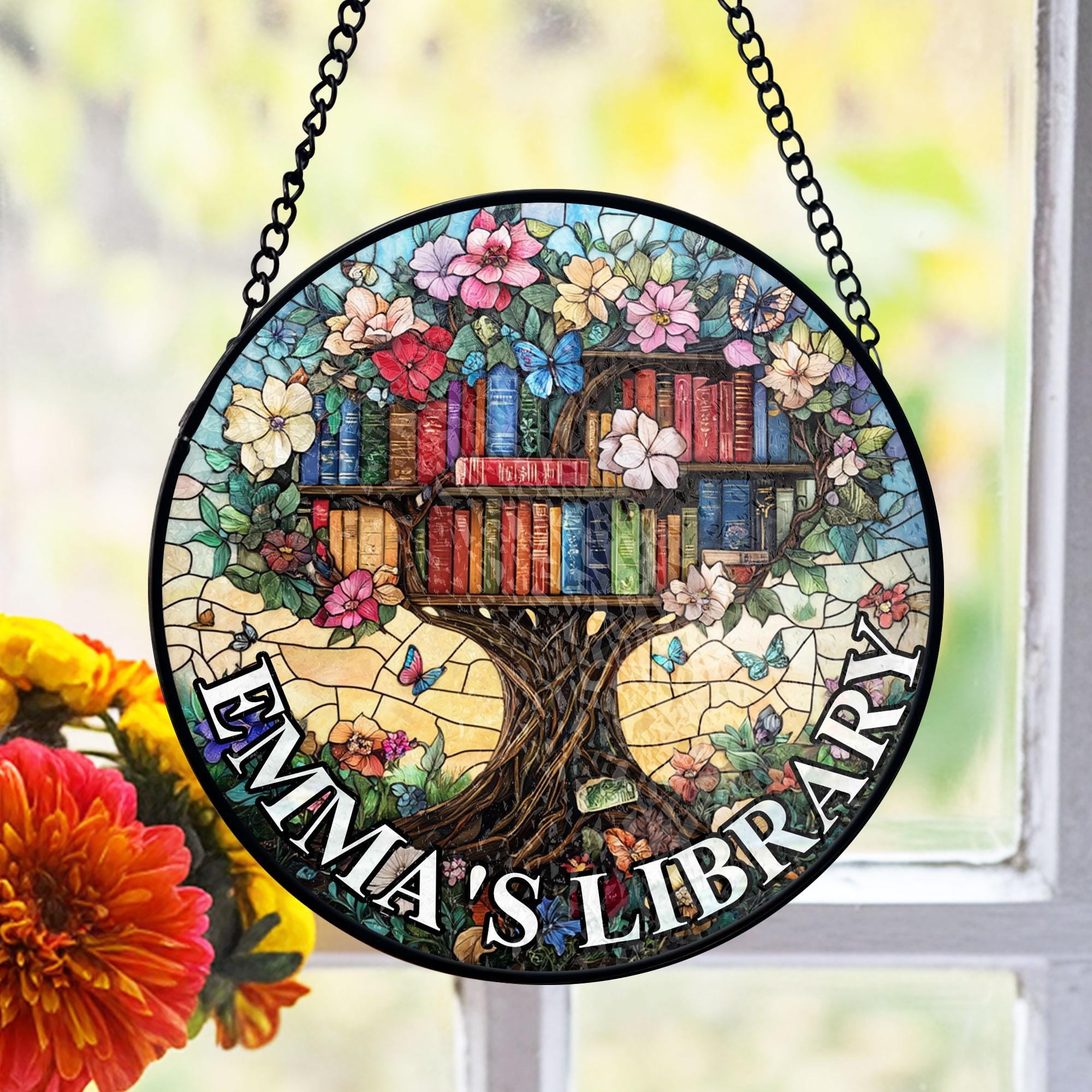 Library Tree Stained Glass Suncatcher, Personalized Book Lover Window ...