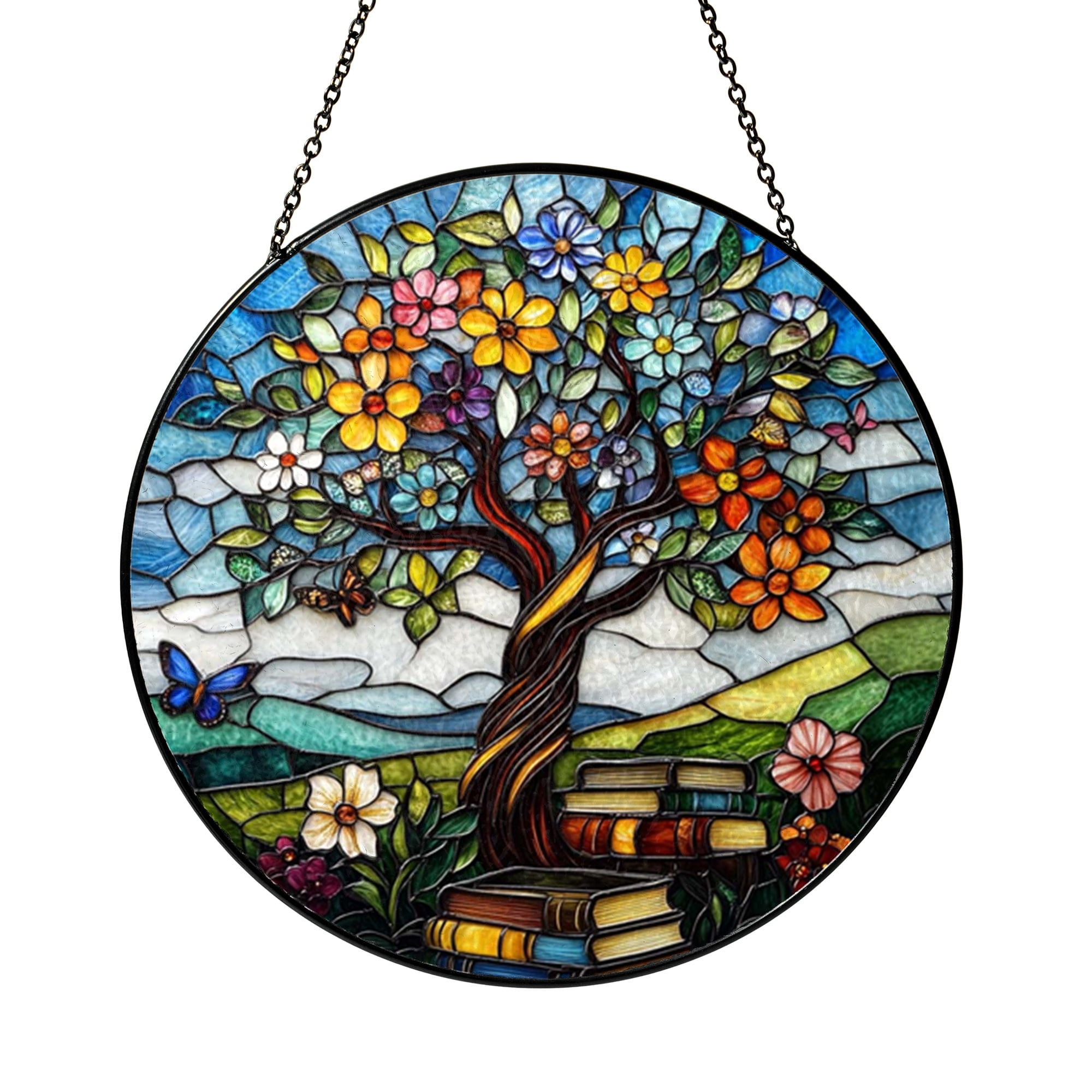 Library Tree with Books Stained Glass Suncatcher – Window Hanging ...
