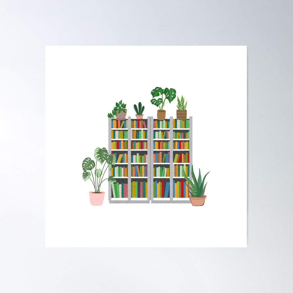 Library With Colorful Books And Green Leafy Plants Poster Wall Art ...