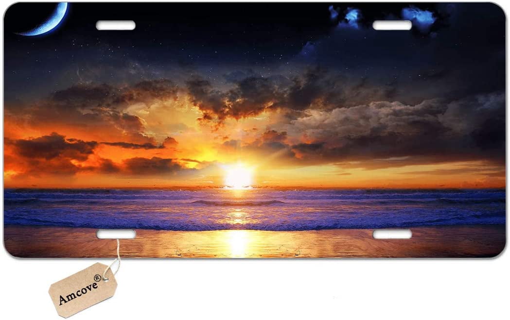 License Plate Beautiful Moon and Sunset Over Ocean Auto Tag,Vanity Tag ...