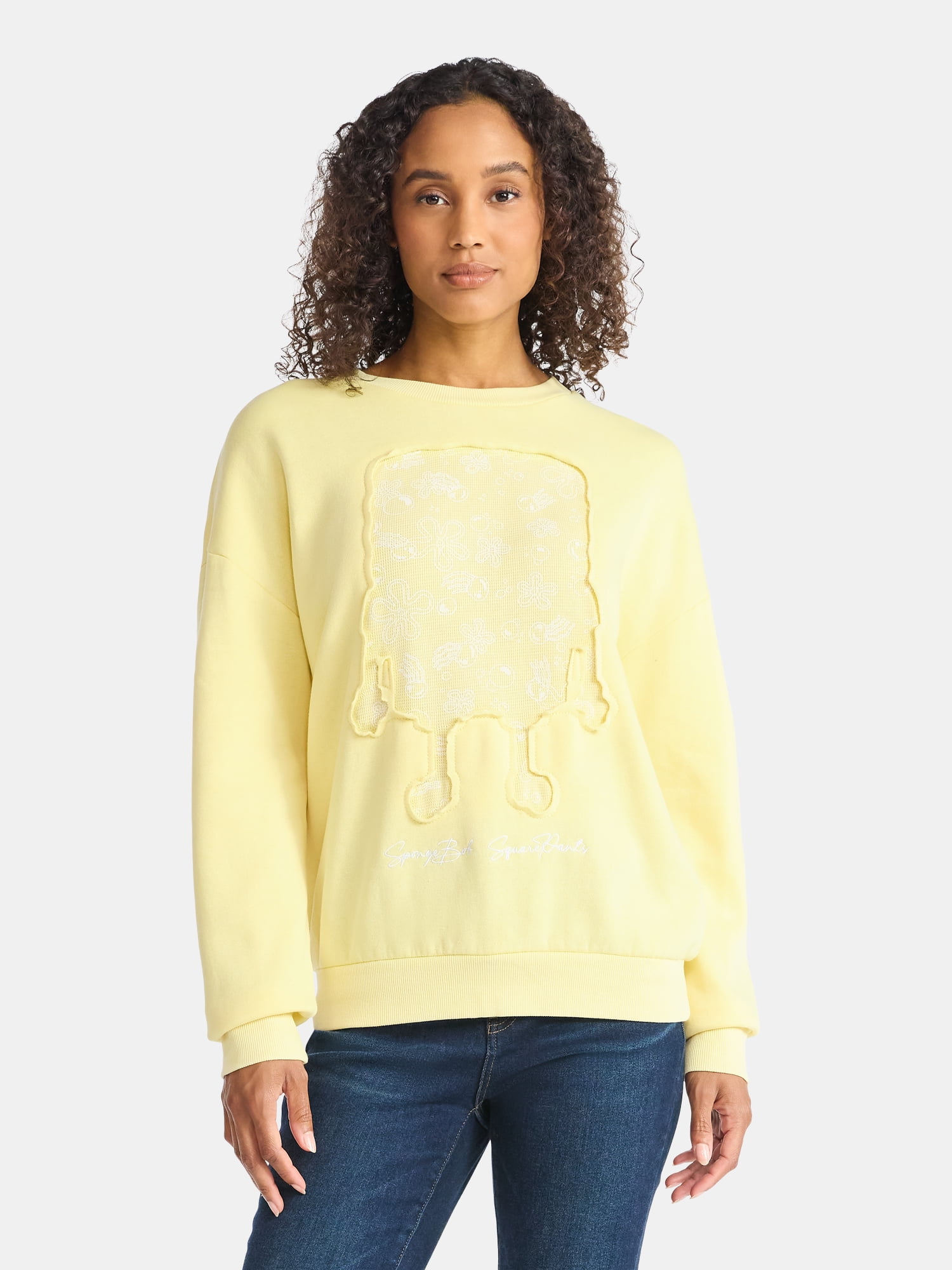 SpongeBob SquarePants Women’s Textured Graphic Crew Sweatshirt, Sizes ...