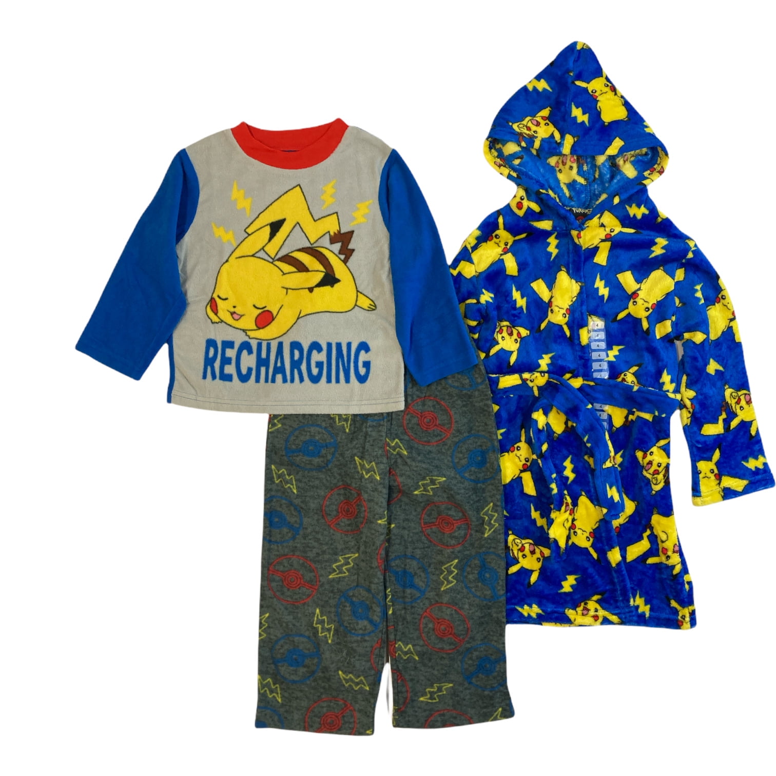 Licensed Boy's Plush Hooded Robe & 2 Piece Pajama Set (Pokemon, 4 ...
