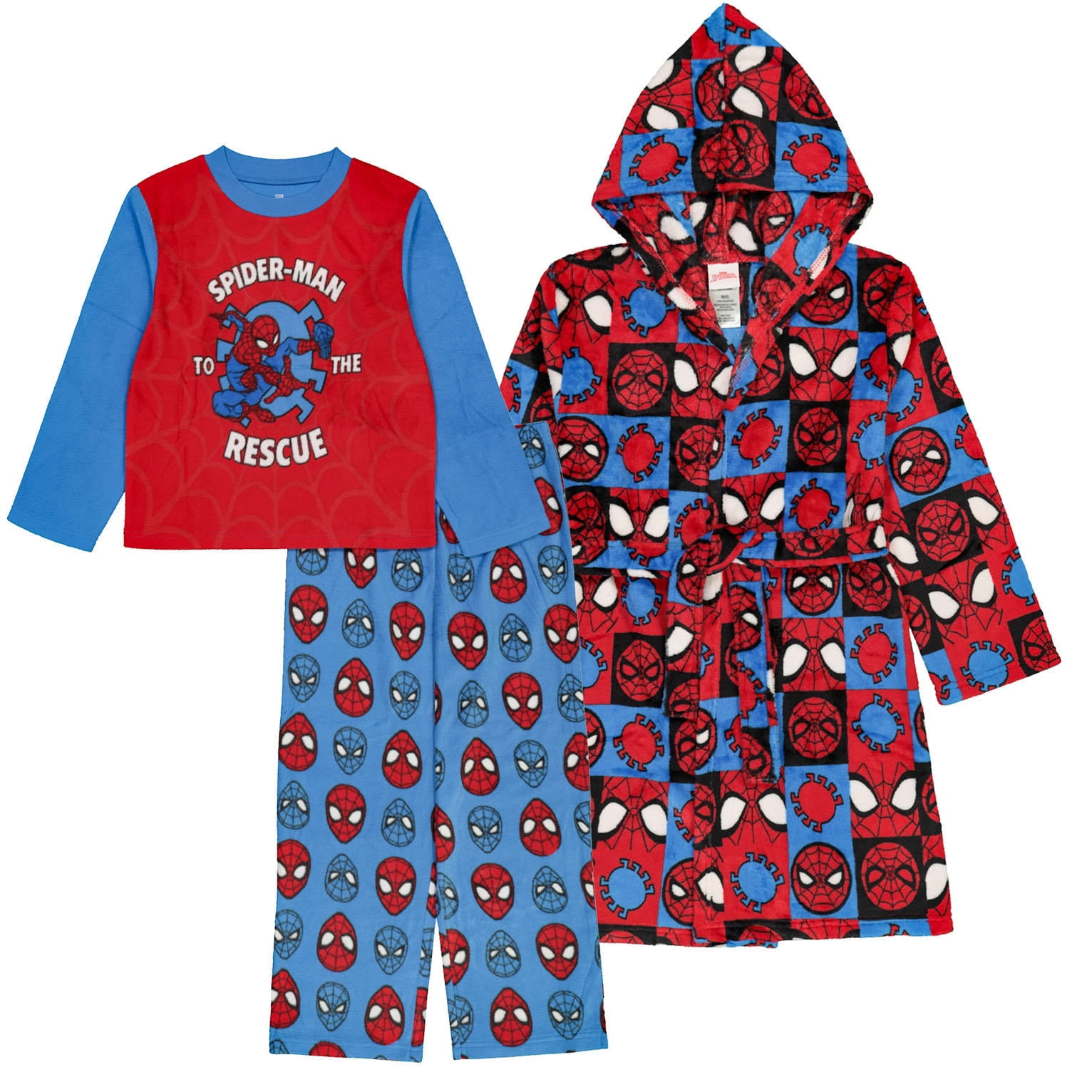 Licensed Boy's Plush Hooded Robe & 2 Piece Pajama Set (Spiderman, 10 ...