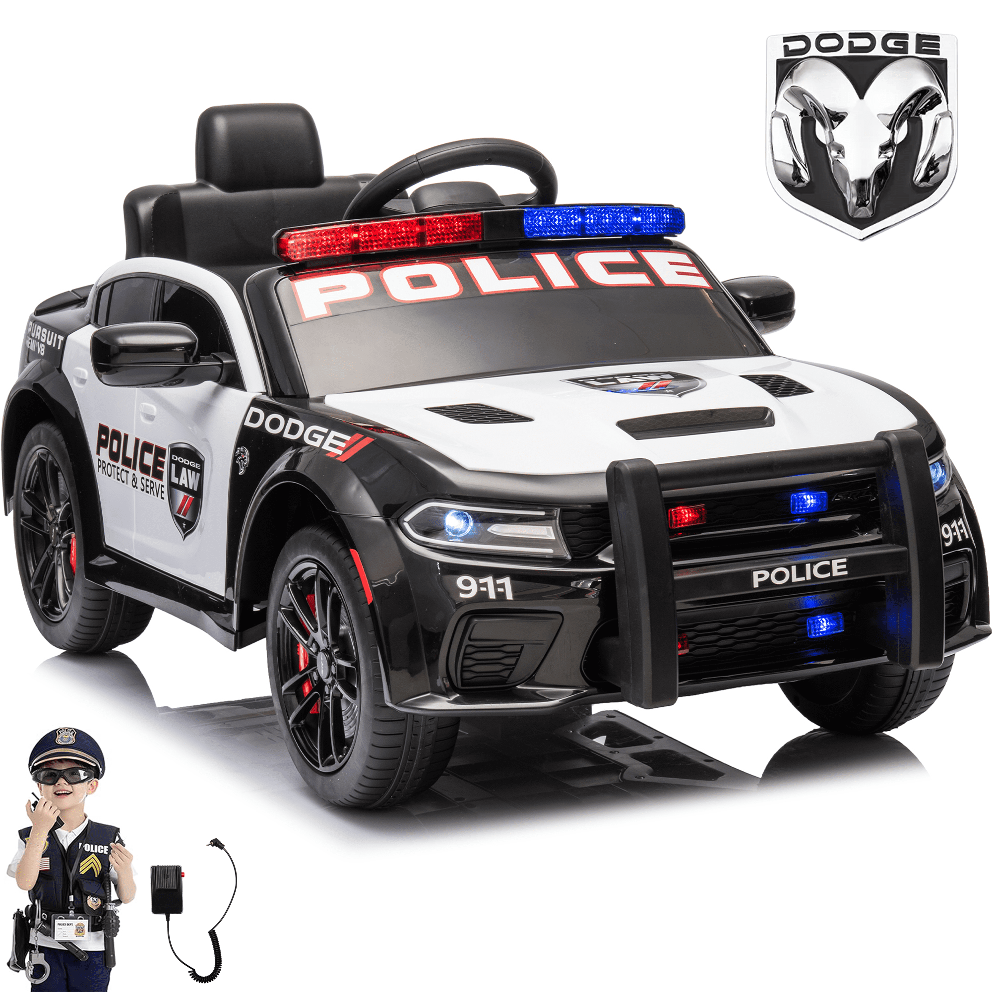 Licensed DODGE 12V Kids Ride on Police Car, Battery Powered Electric ...