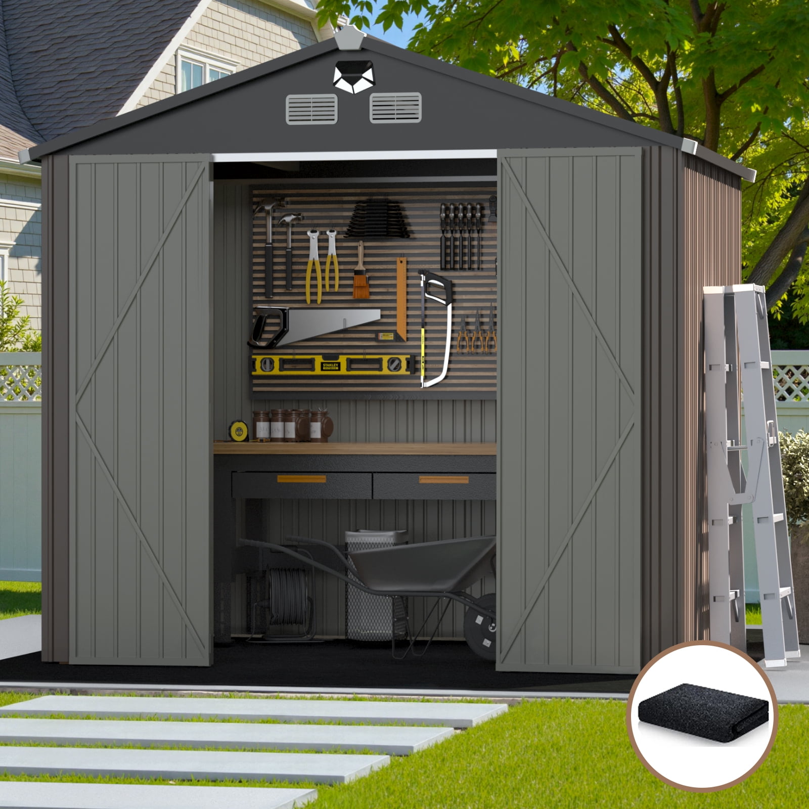 Licheers 10'x8' Outdoor Storage Shed, Galvanized Metal Tool Storage ...