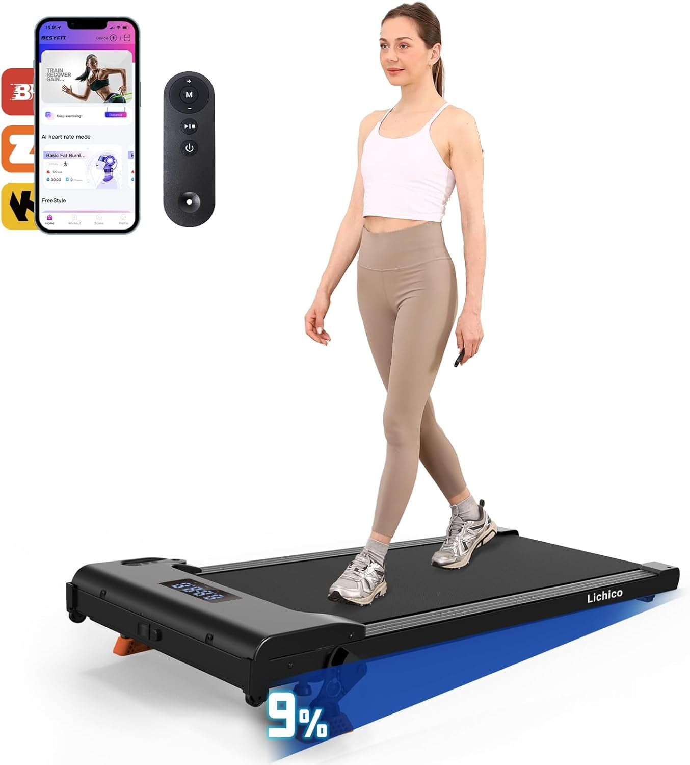 Lichico 2 in 1 Under Desk Treadmill Walking Pad w/0-9% Incline, 2.5HP ...