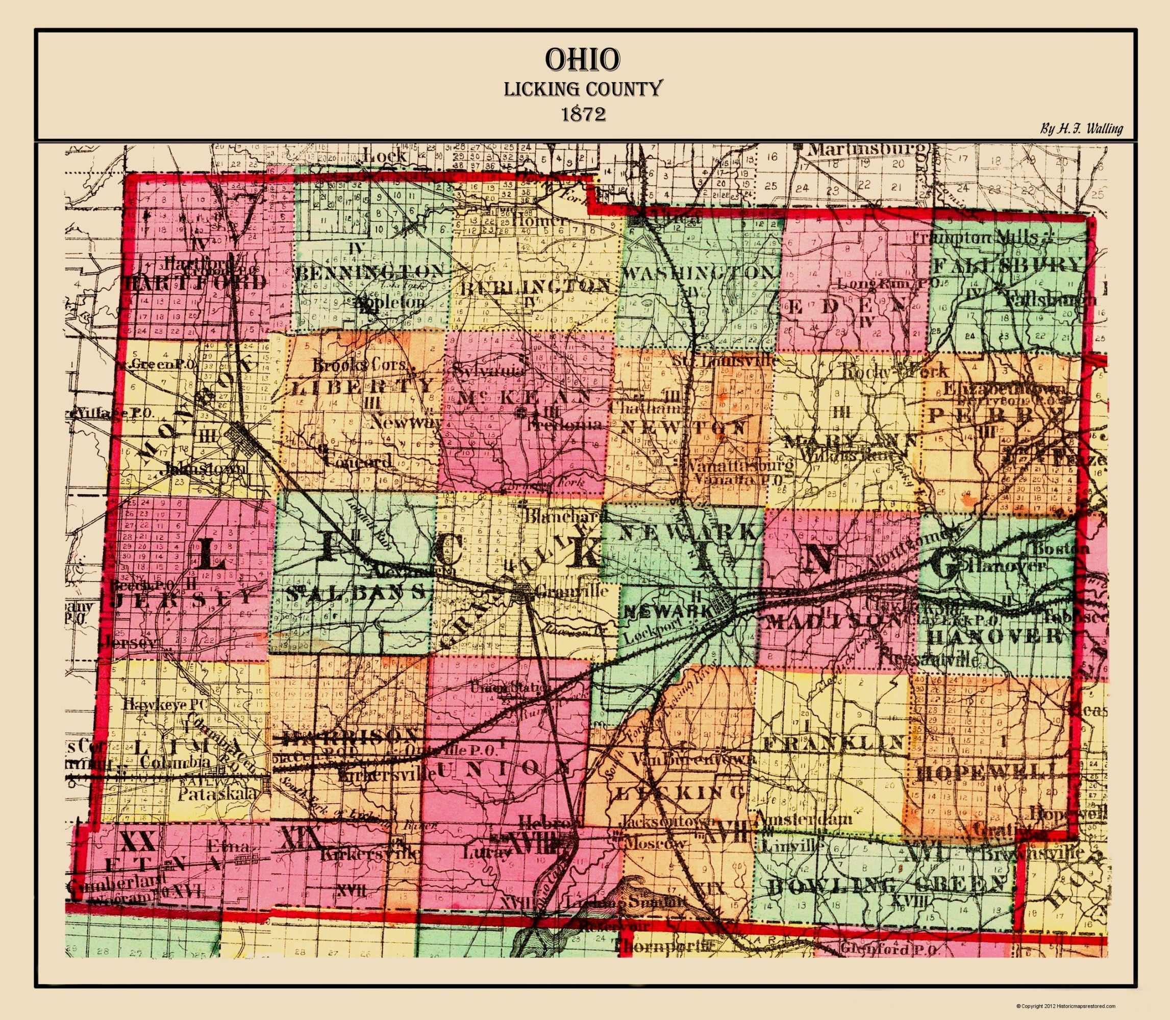 Historic County Map - Licking County Ohio - Walling 1872 - 23 x 26.37 ...