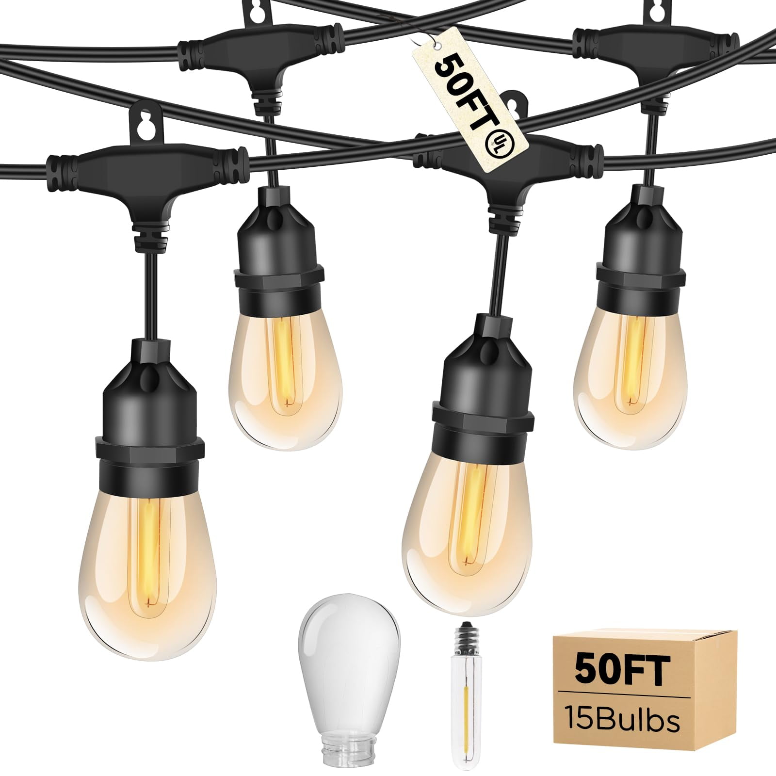 Licoopr Outdoor String Lights LED 50FT Patio String Lights for Outside ...