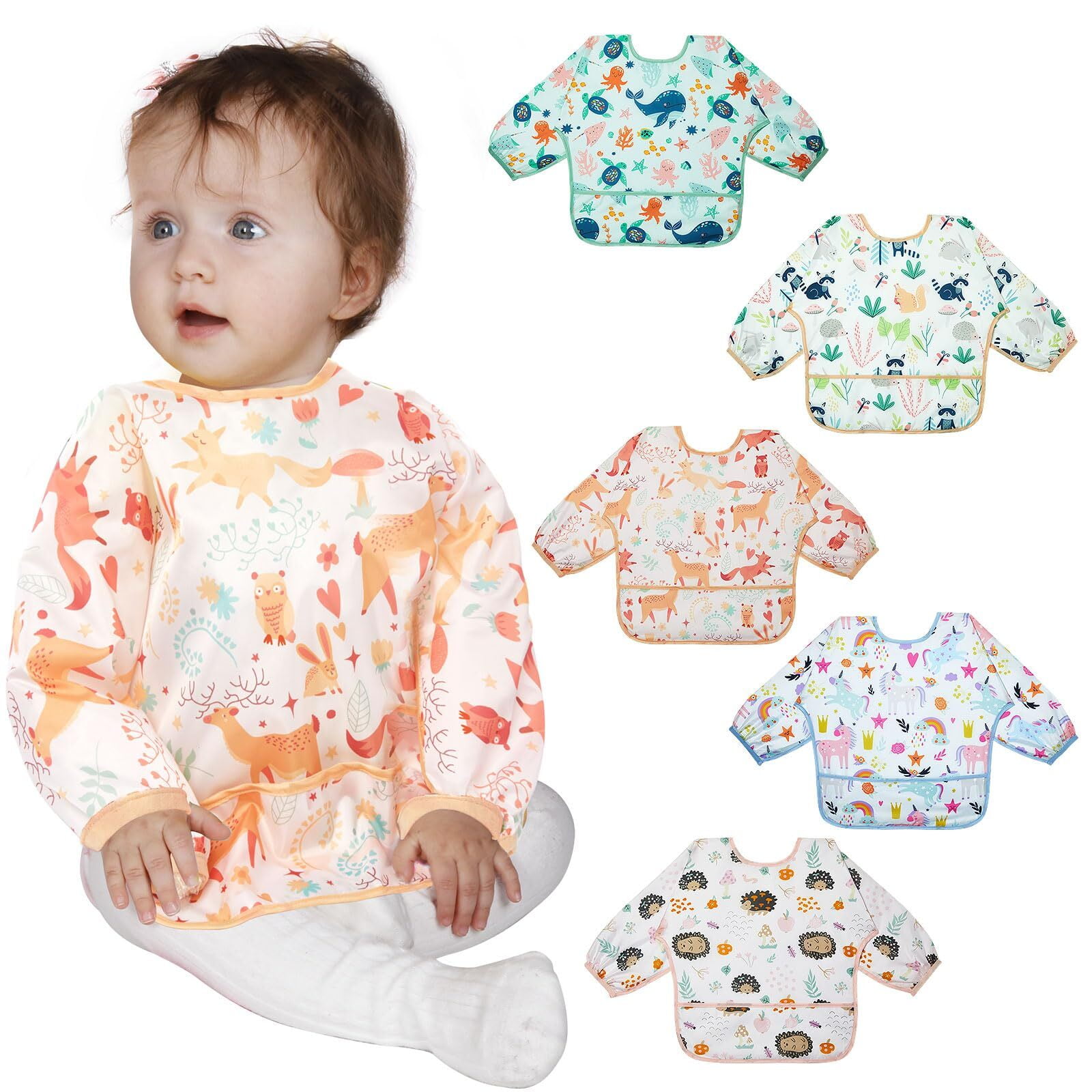 Lictin Baby Long Sleeve Bibs, Waterproof Toddler Feeding Smocks ...
