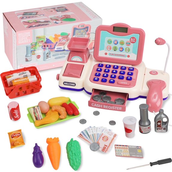 Lictin Kids Cash Register, 43PCS Pretend Play Set, Sound, Microphone ...