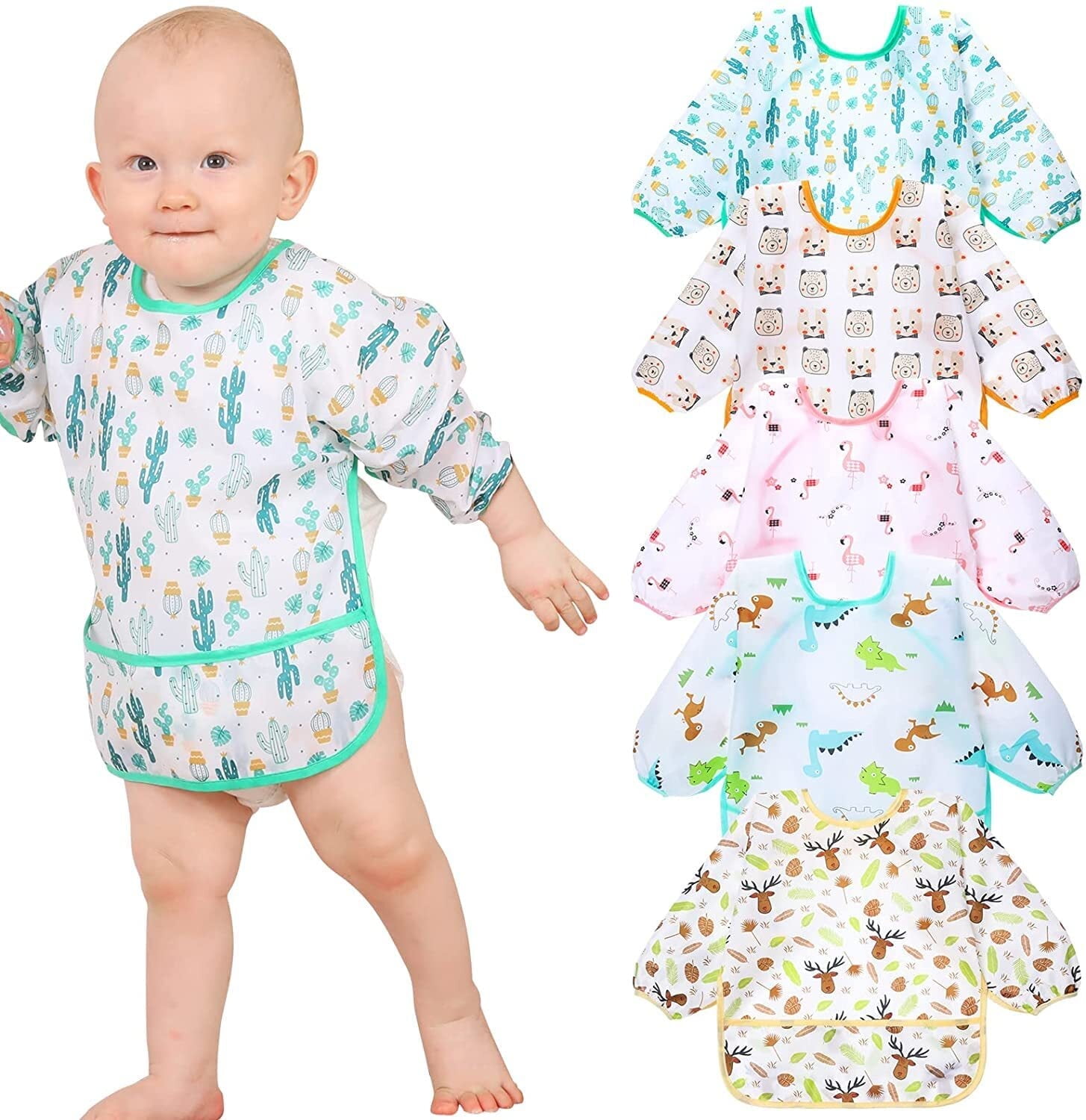 Lictin Long Sleeve Baby Bibs, 5 Pcs Waterproof Bibs for Eating, 0-24 ...