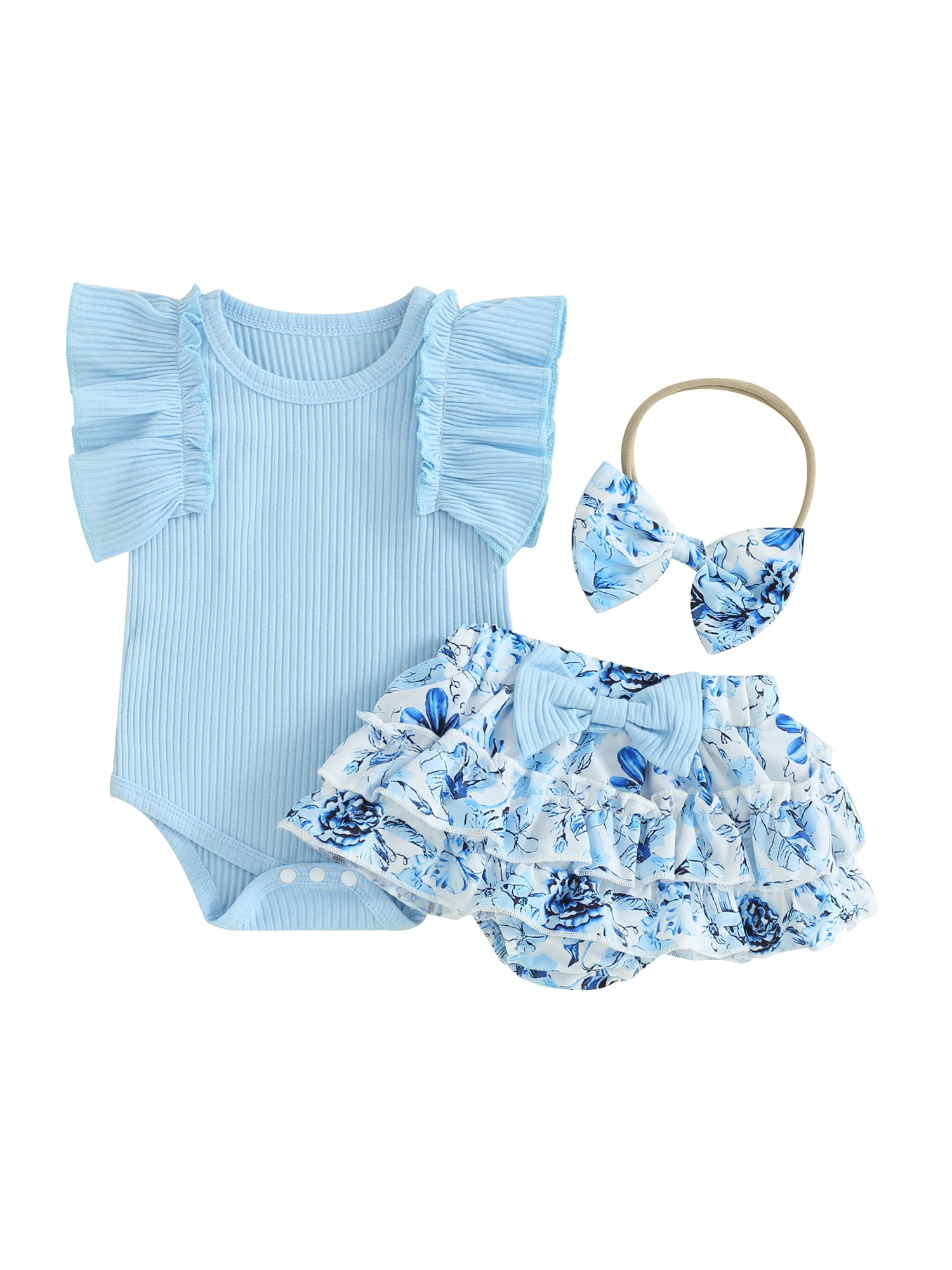 Licupiee Baby Girl Clothes Infant Cute Summer Outfits Ruffle Sleeveless Knit Romper + Floral Bow ...