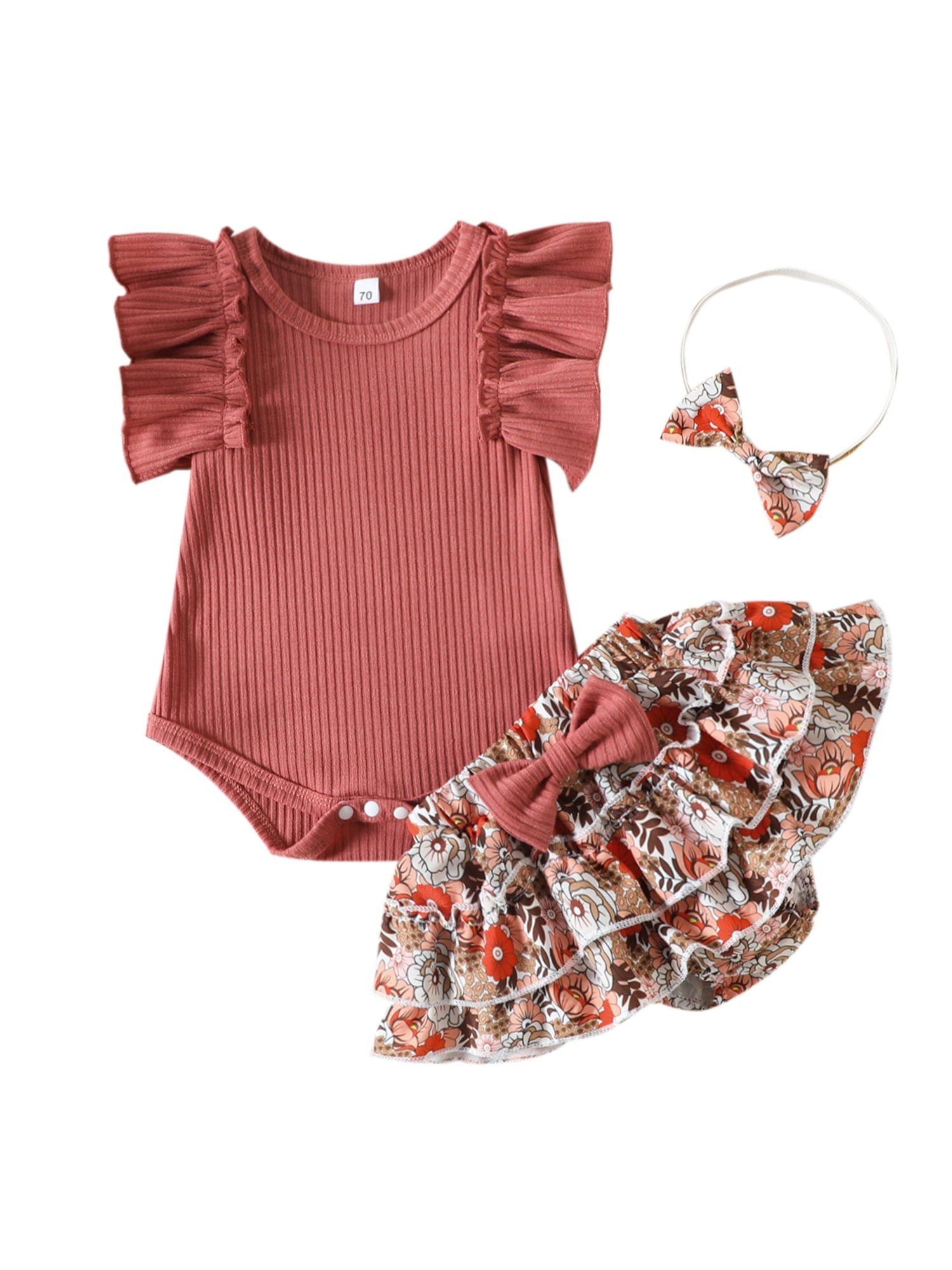 Licupiee Baby Girl Clothes Infant Cute Summer Outfits Ruffle Sleeveless Knit Romper + Floral Bow ...