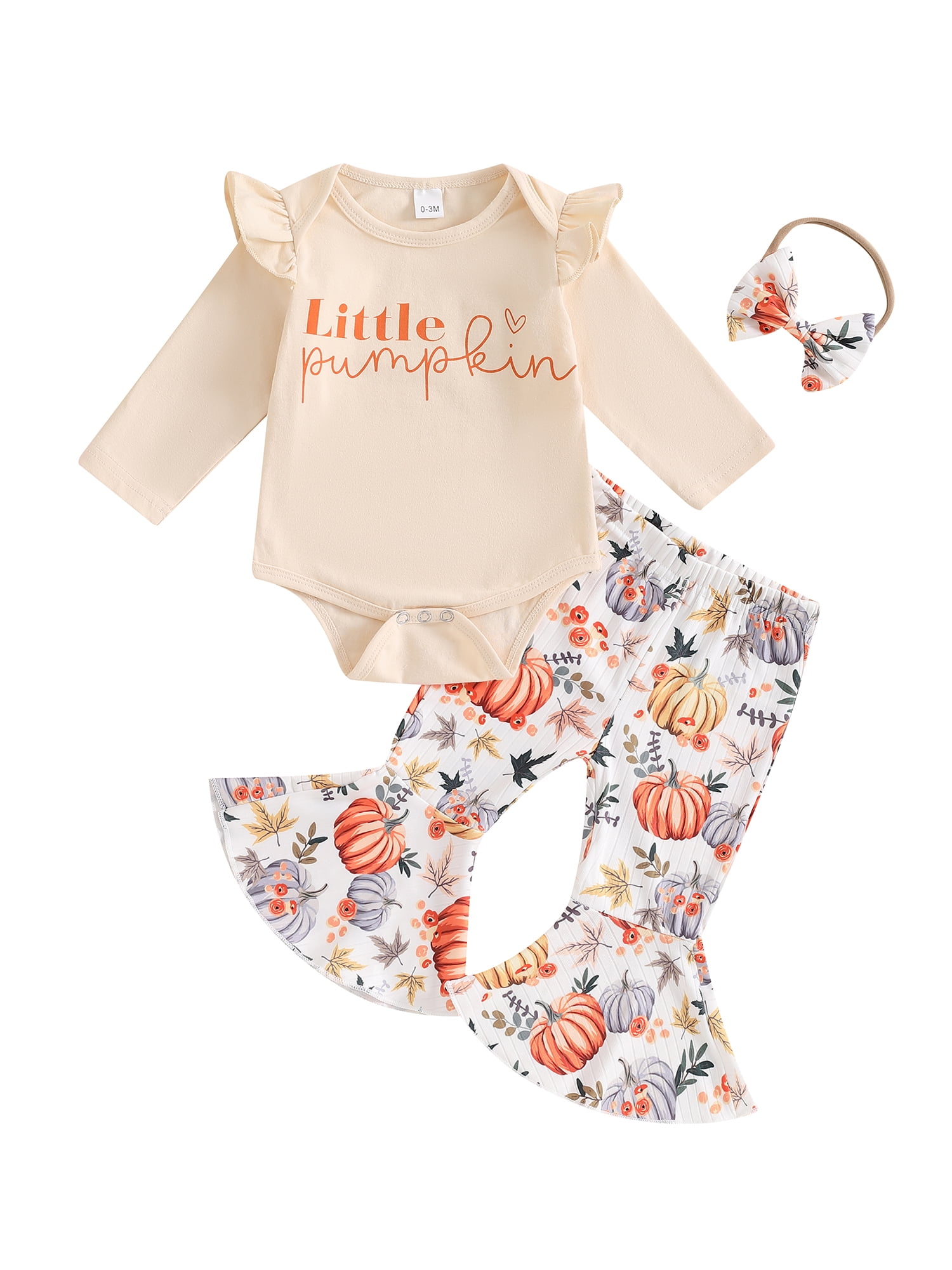 Licupiee Baby Girl Halloween Outfit Letter Print Long Sleeve Romper Pumpkin Flare Pants Bow ...