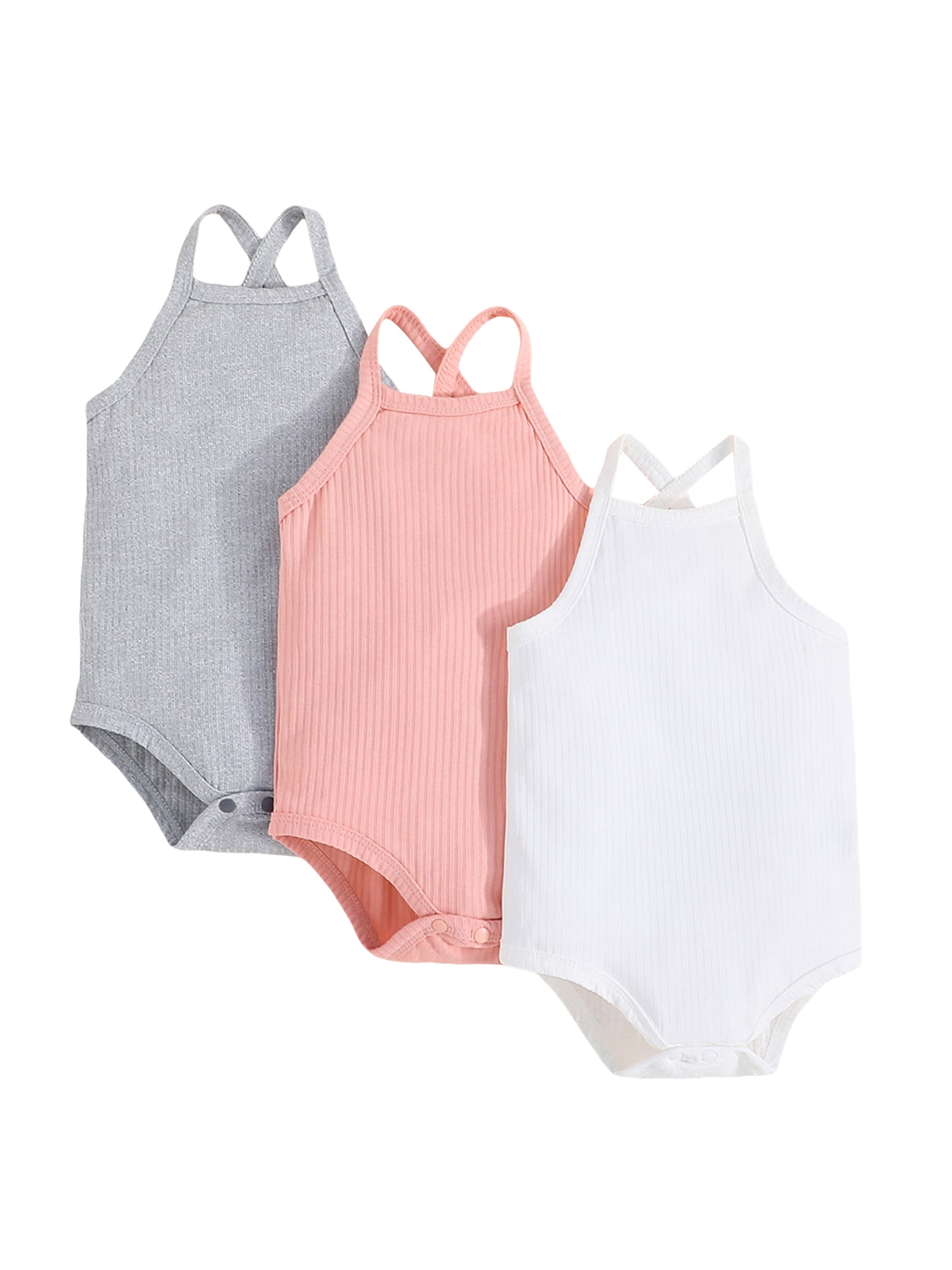 Licupiee Baby Girl Summer 3 Pack Jumpsuit Sleeveless Back Cross Strap Newborn Solid Color Romper ...