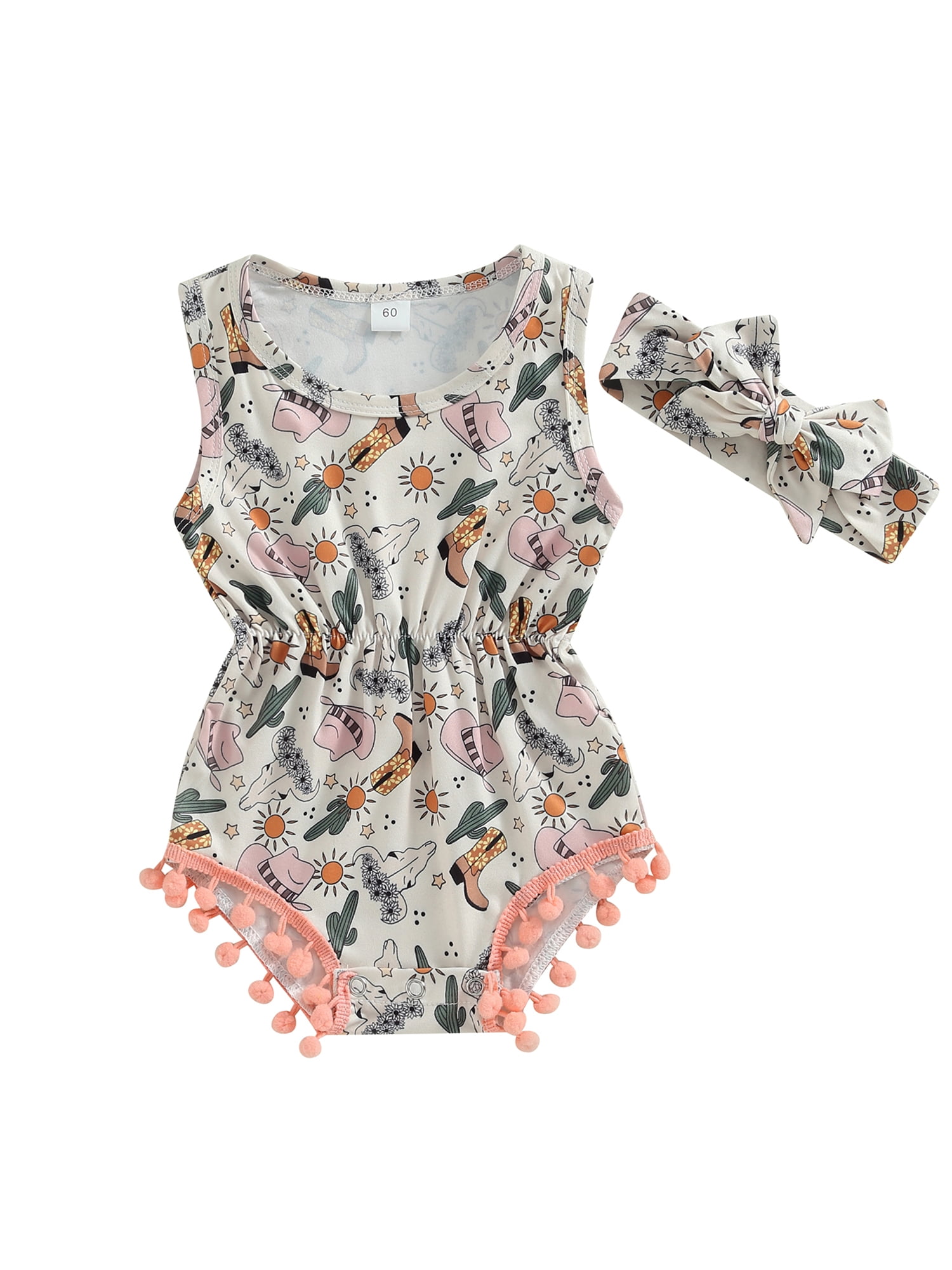 Licupiee Baby Girl Western Clothes Sleeveless Cow Print Onesie Romper Tassel Bodysuit Jumpsuit ...
