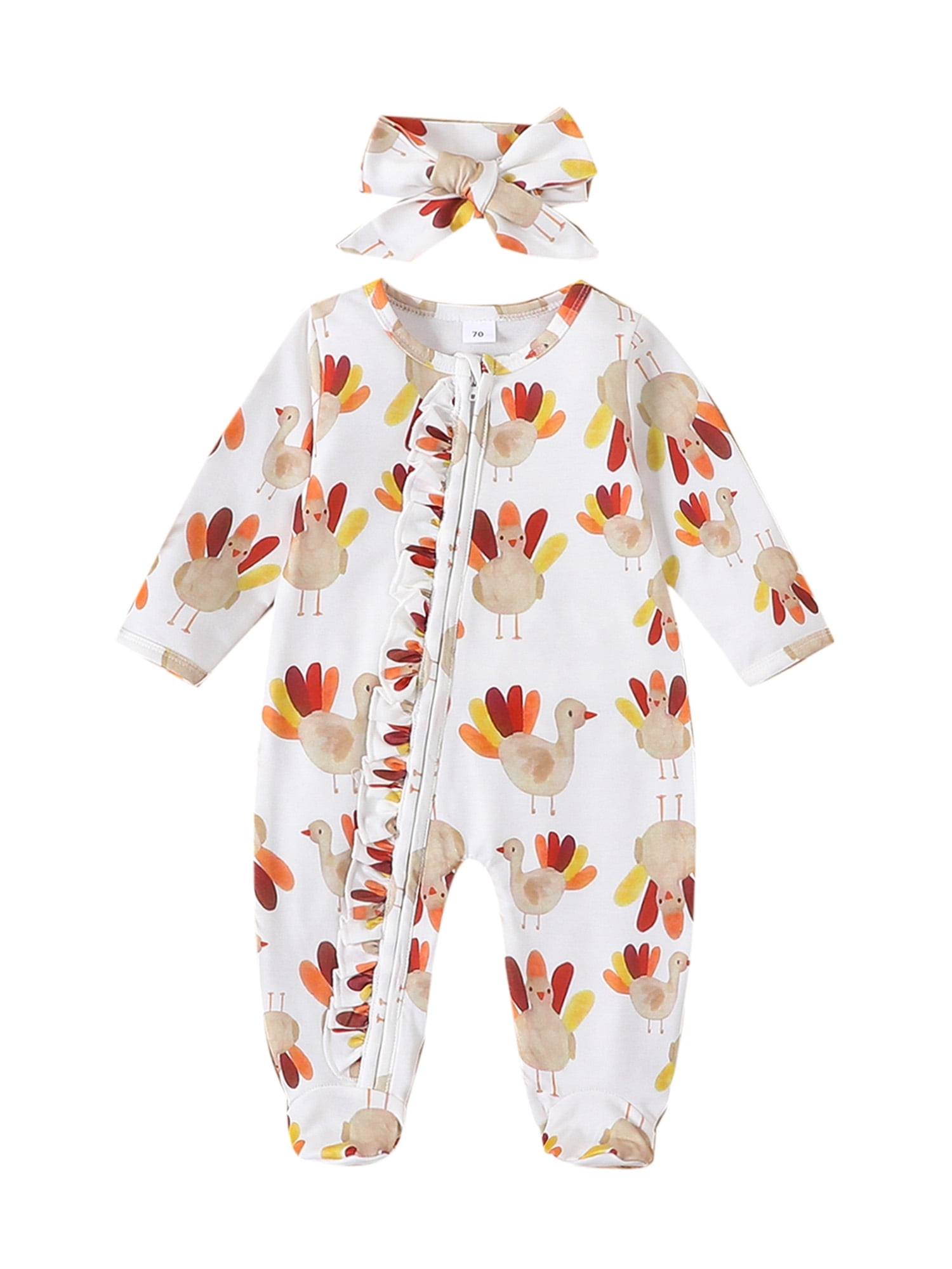 Licupiee Baby Girls Rompers Infant Thanksgiving Turkey Print Long Sleeve Bodysuit with Headband ...