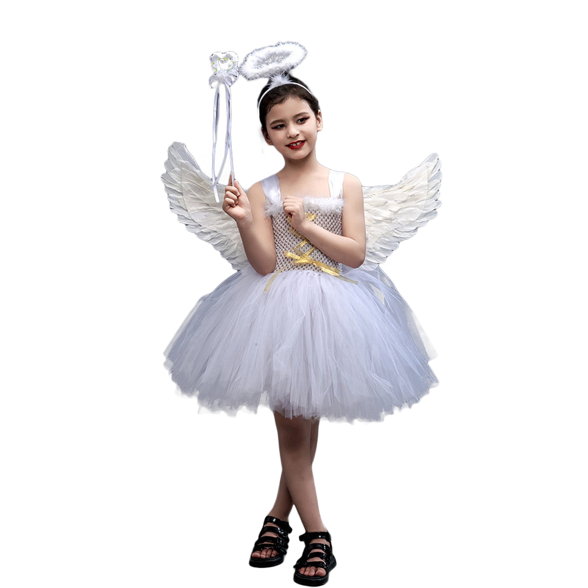 Licupiee Halloween Kids Girls Cosplay Costume Set White Angel Wings ...