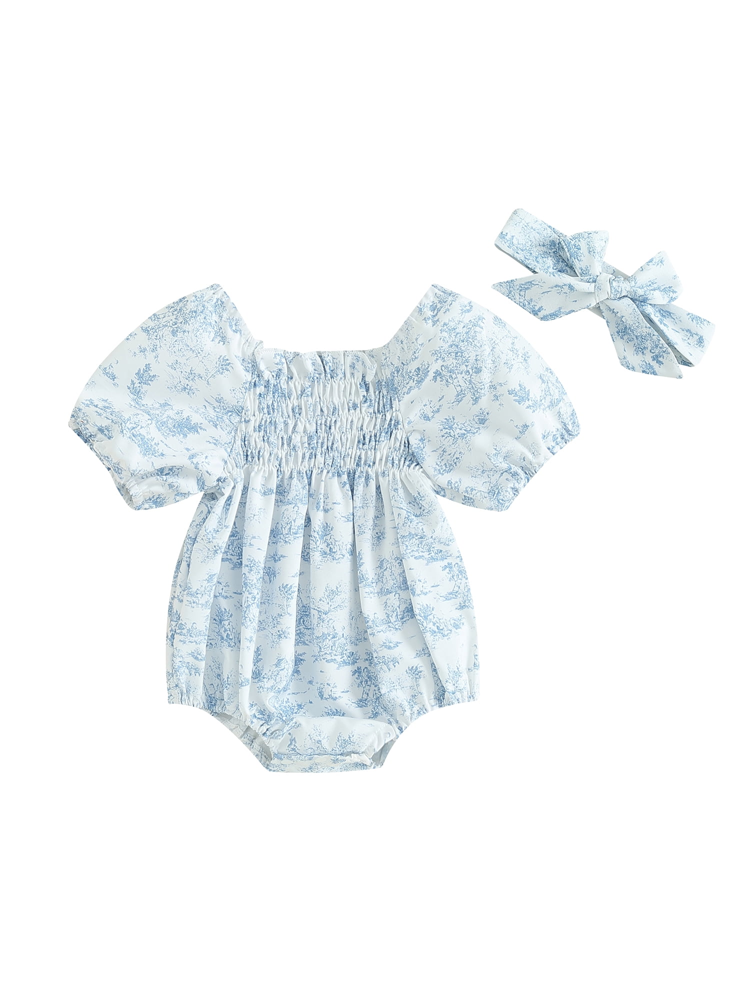 Licupiee Infant Baby Girls Romper Floral Ruffle Sleeve Pleated Smocked Bubble One Piece Ruched ...