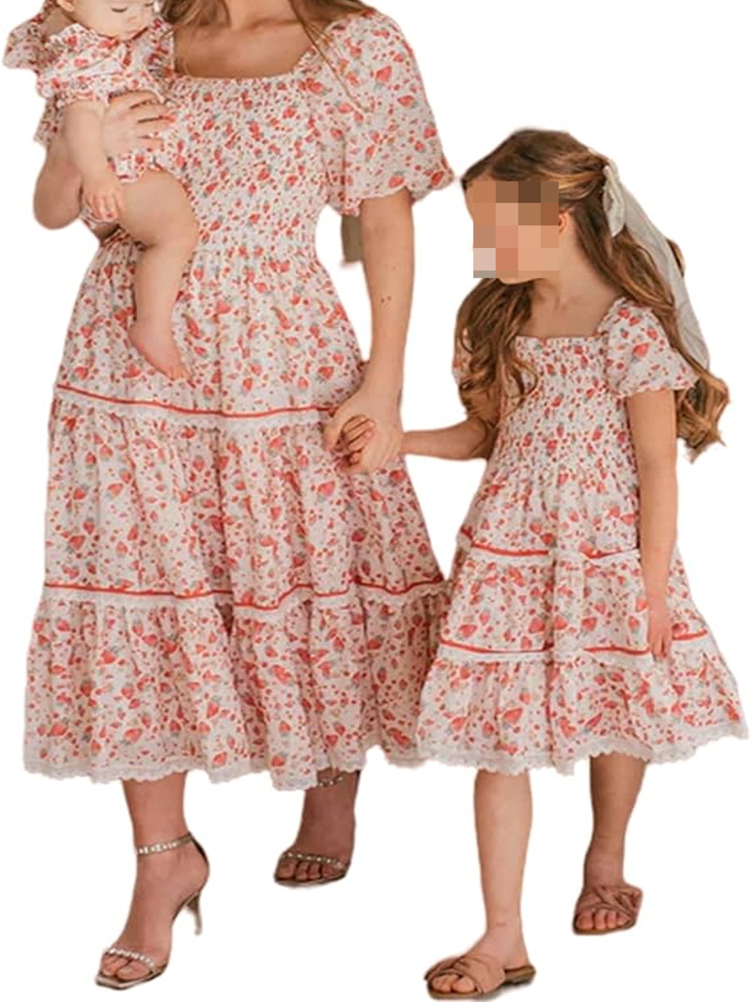 Licupiee Mommy and Me Dresses Puffy Sleeve Summer Boho Ruffle Maxi ...